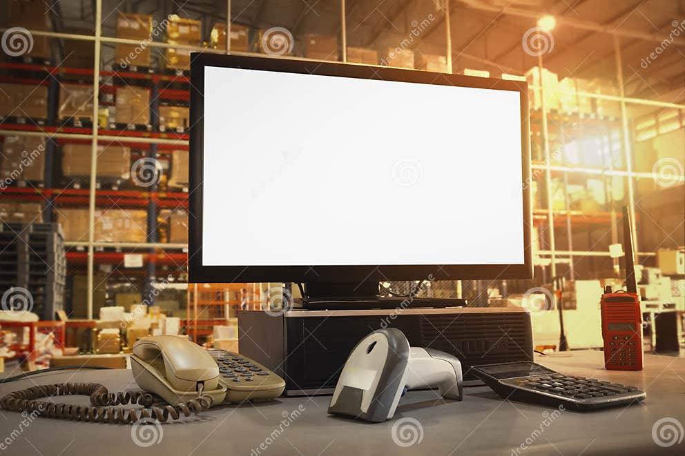 Computer Blank Screen on Table in Warehouse Space. Warehouse Inventory ...