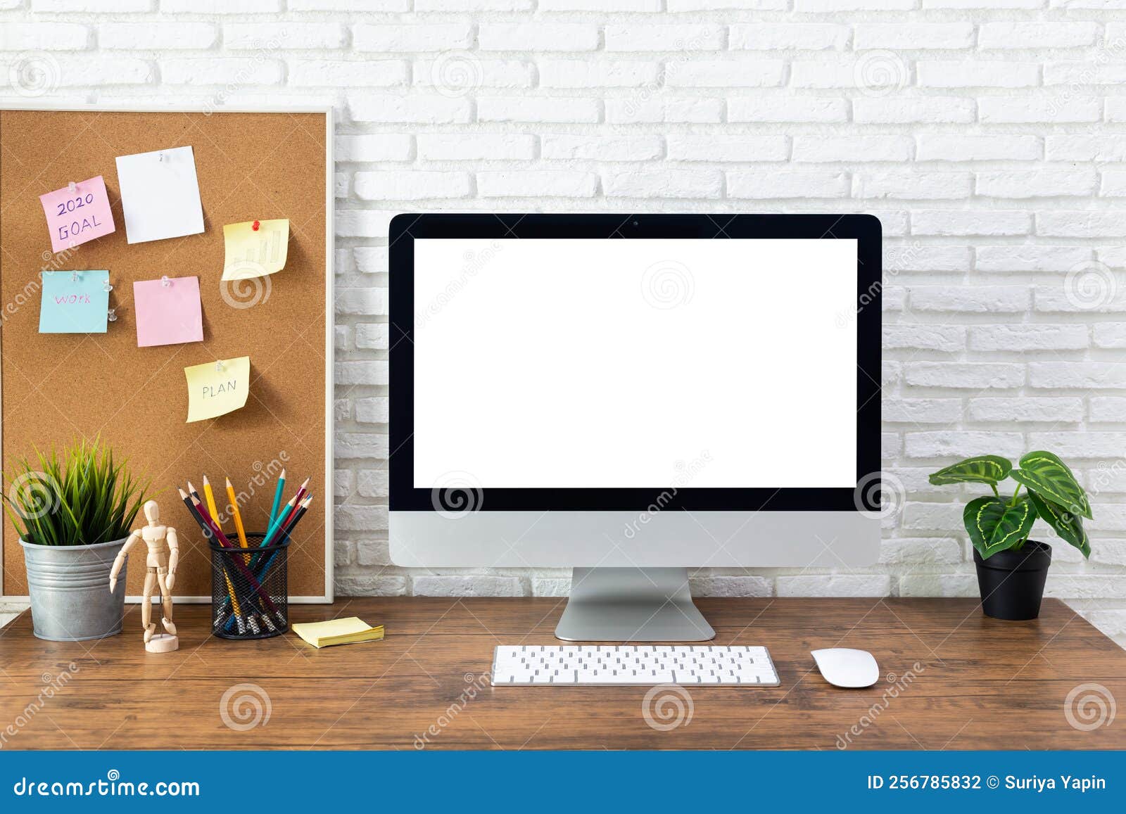 Computer with Blank White Screen, with Workspace and Office Supplies on ... Computer with Blank White Screen, with Workspace and Office Supplies on ...