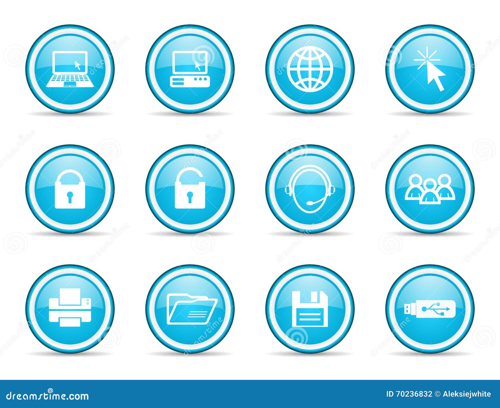 Computer Blue Circle Icons Set Stock Illustration - Illustration of ...