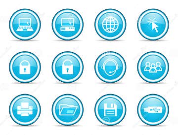 Computer Blue Circle Icons Set Stock Illustration - Illustration of ...