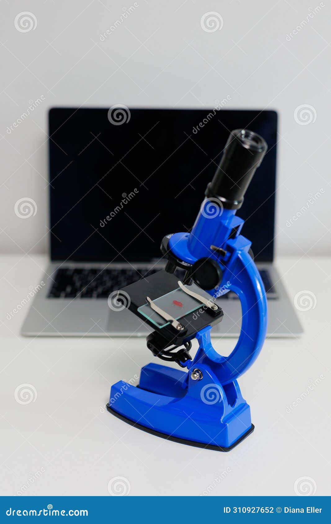 Computer and Blue Microscope on White Table Stock Photo - Image of ...