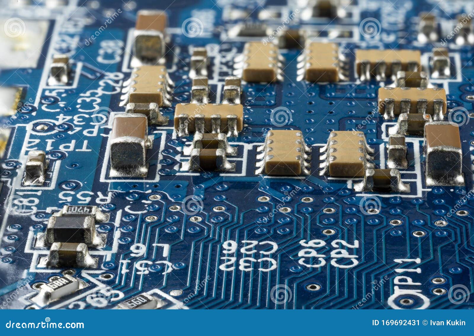 Computer Blue Motherboard with Brown Microcircuits and Different ...