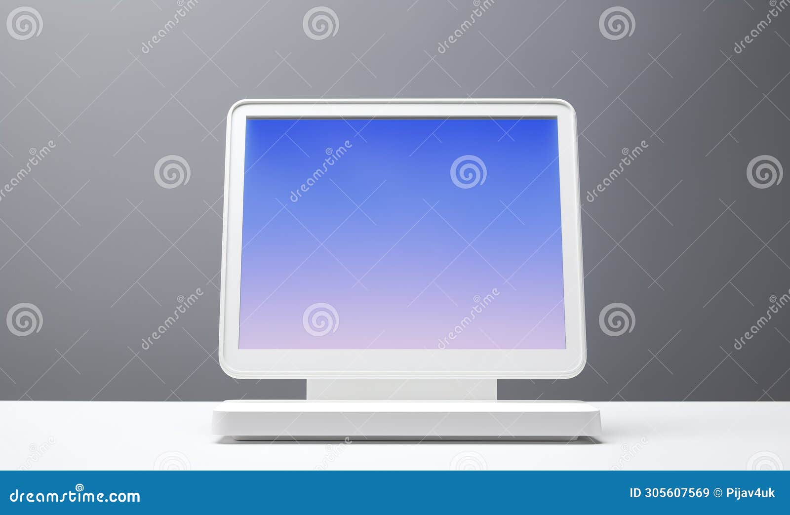 Computer with Blue Screen on Grey Wall Background with Copy Space Stock ...