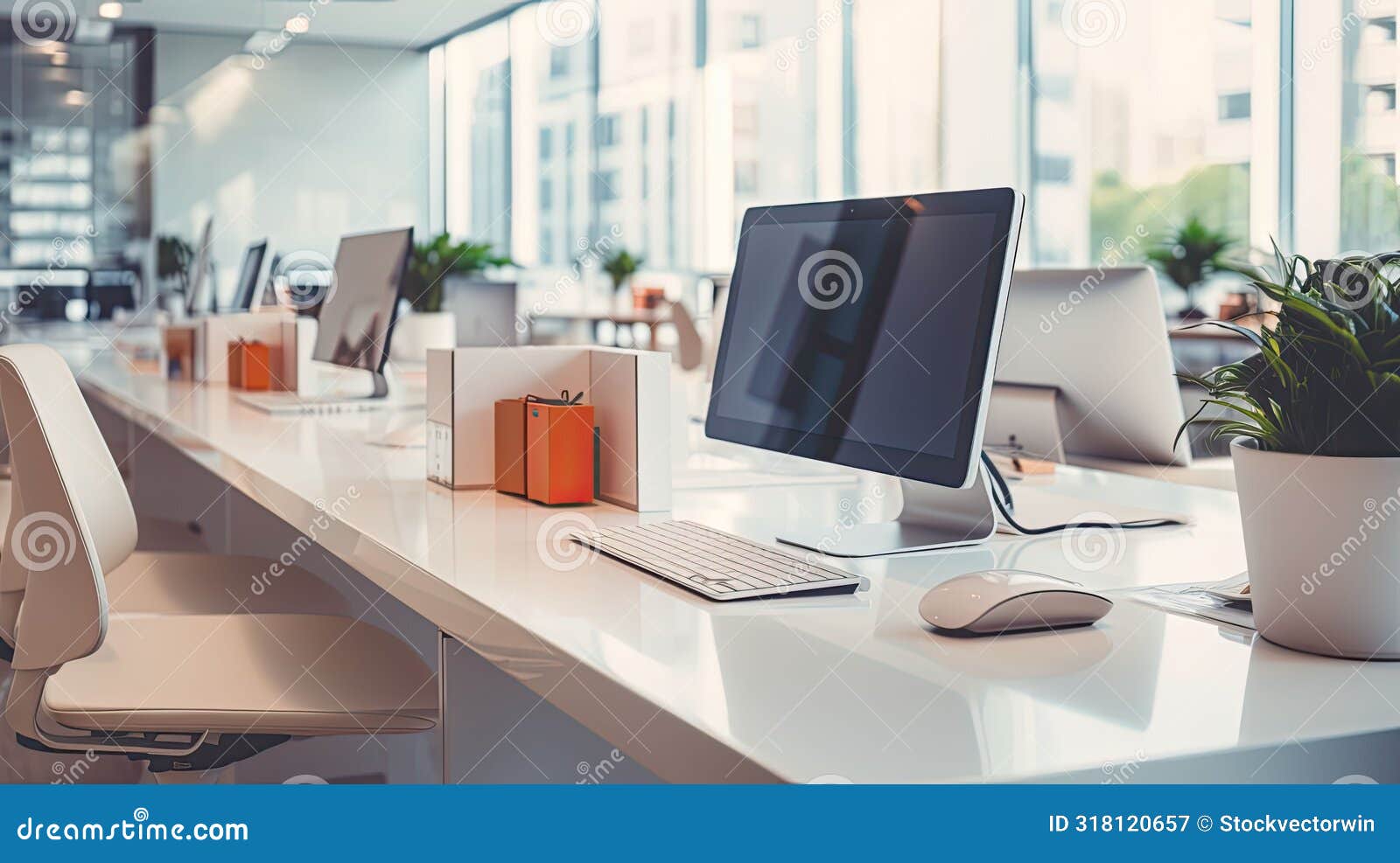 Computer Blurred Classic White Modern Office Interior Stock ...