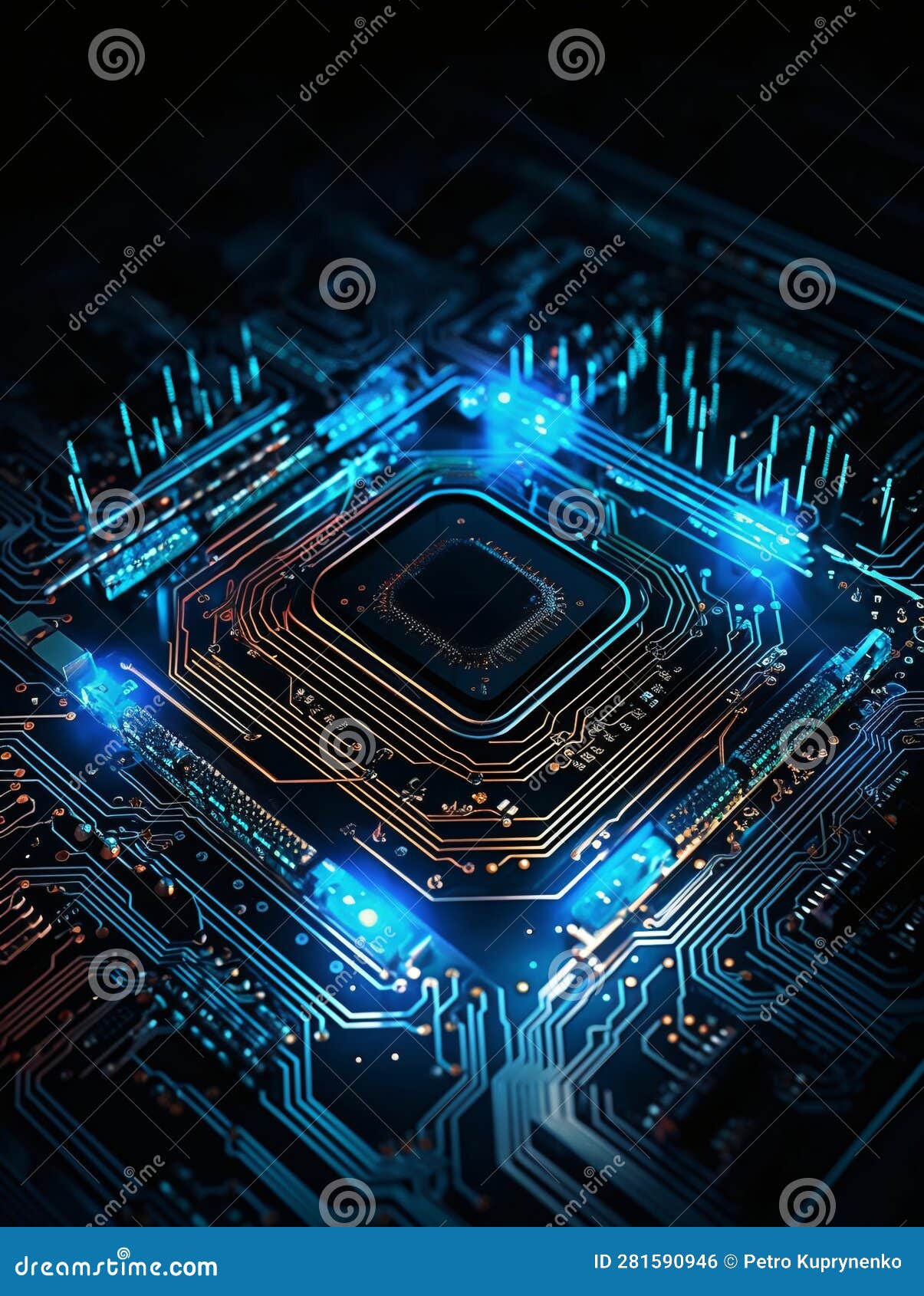 Computer Board with Central Processing Unit and Blue Lights Digital Art ...