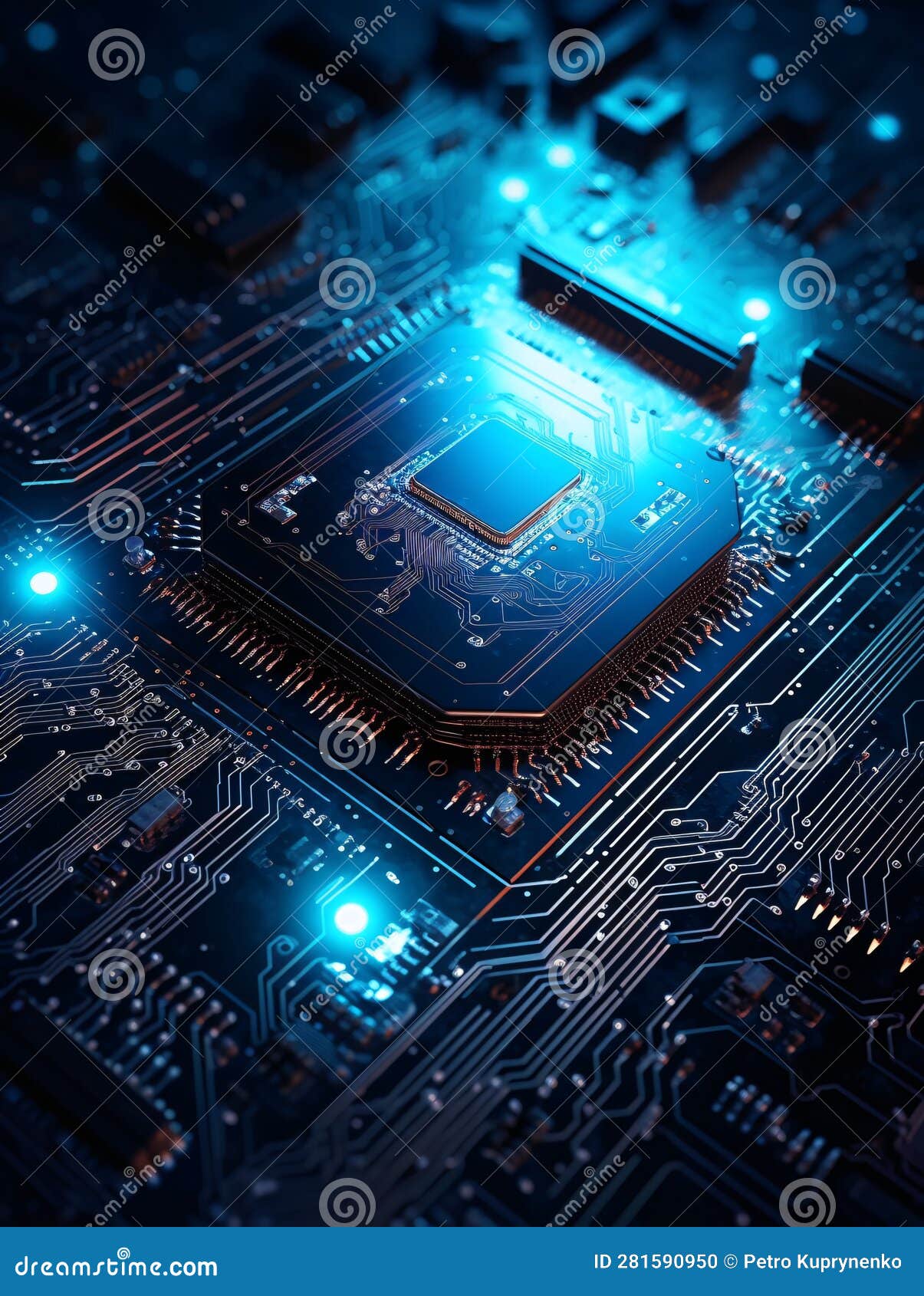 Computer Board with Central Processing Unit and Blue Lights Digital Art ...