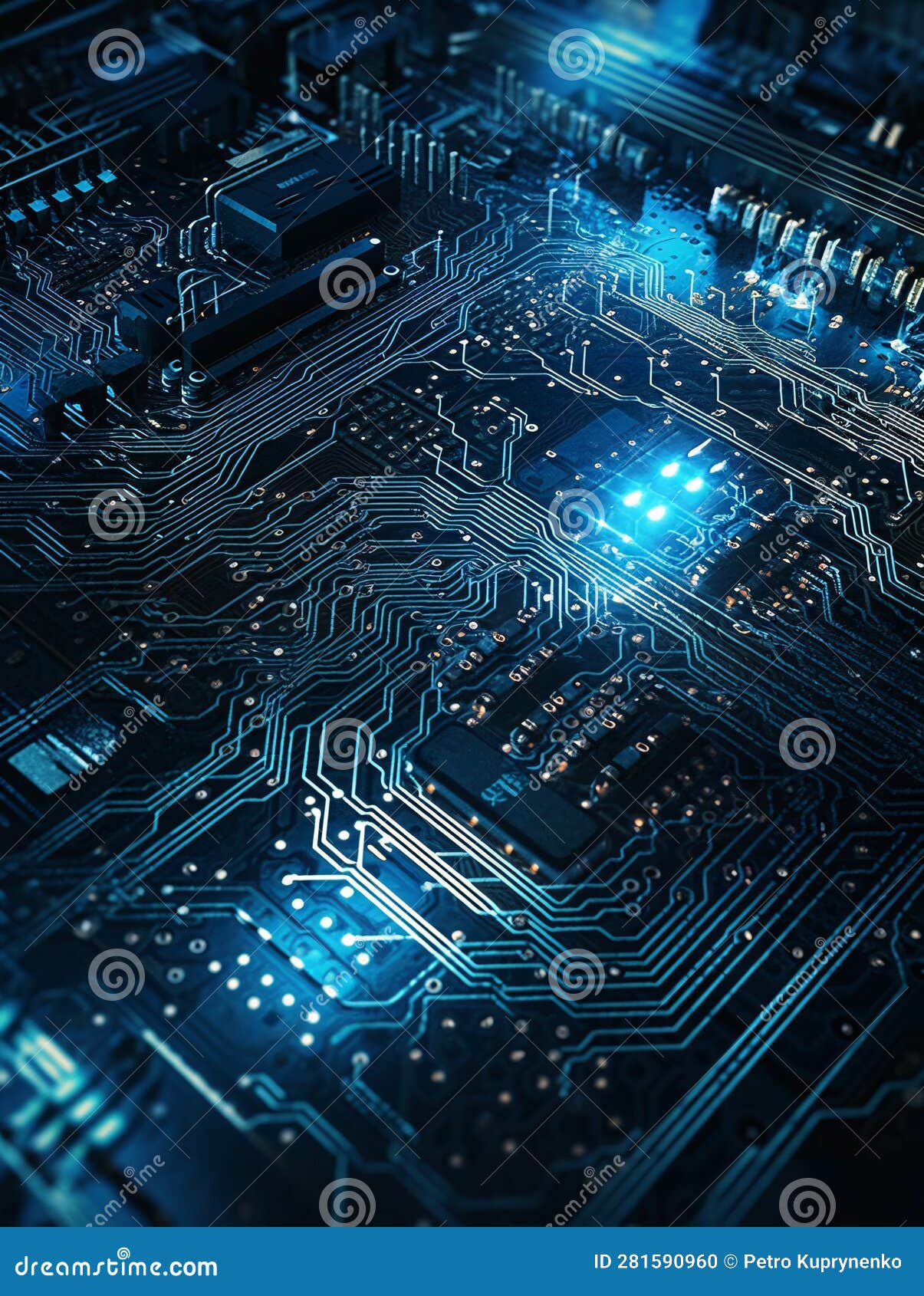 Computer Board with Central Processing Unit and Blue Lights Digital Art ...