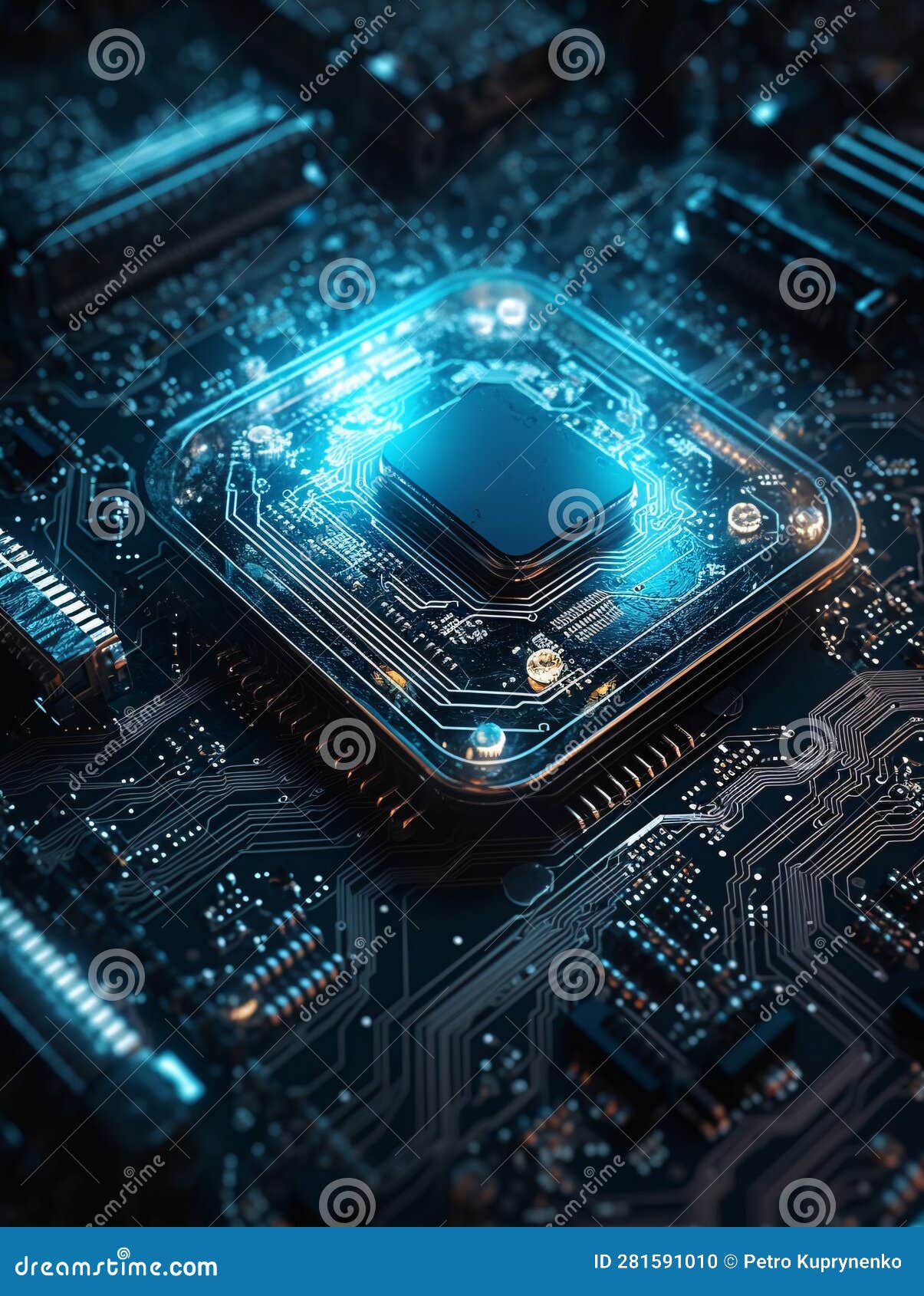 Computer Board with Central Processing Unit and Blue Lights Digital Art ...