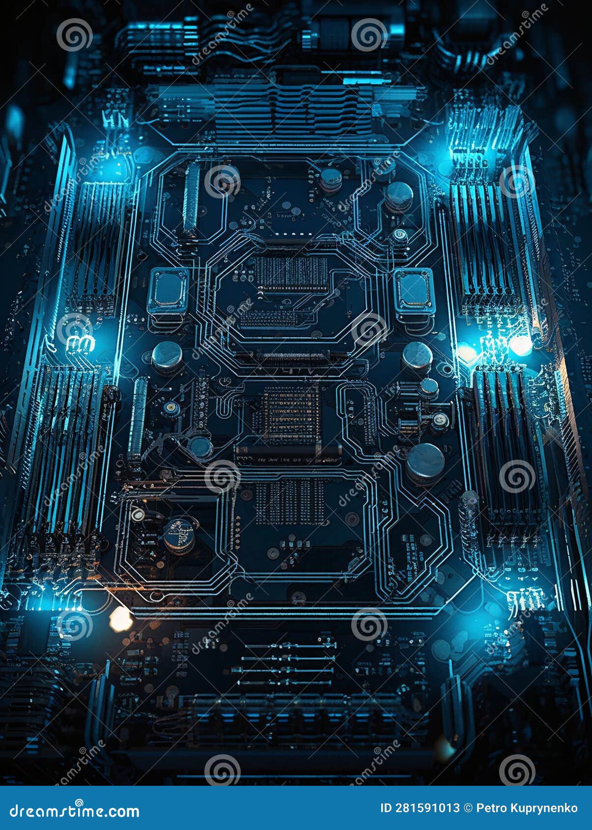 Computer Board with Central Processing Unit and Blue Lights Digital Art ...
