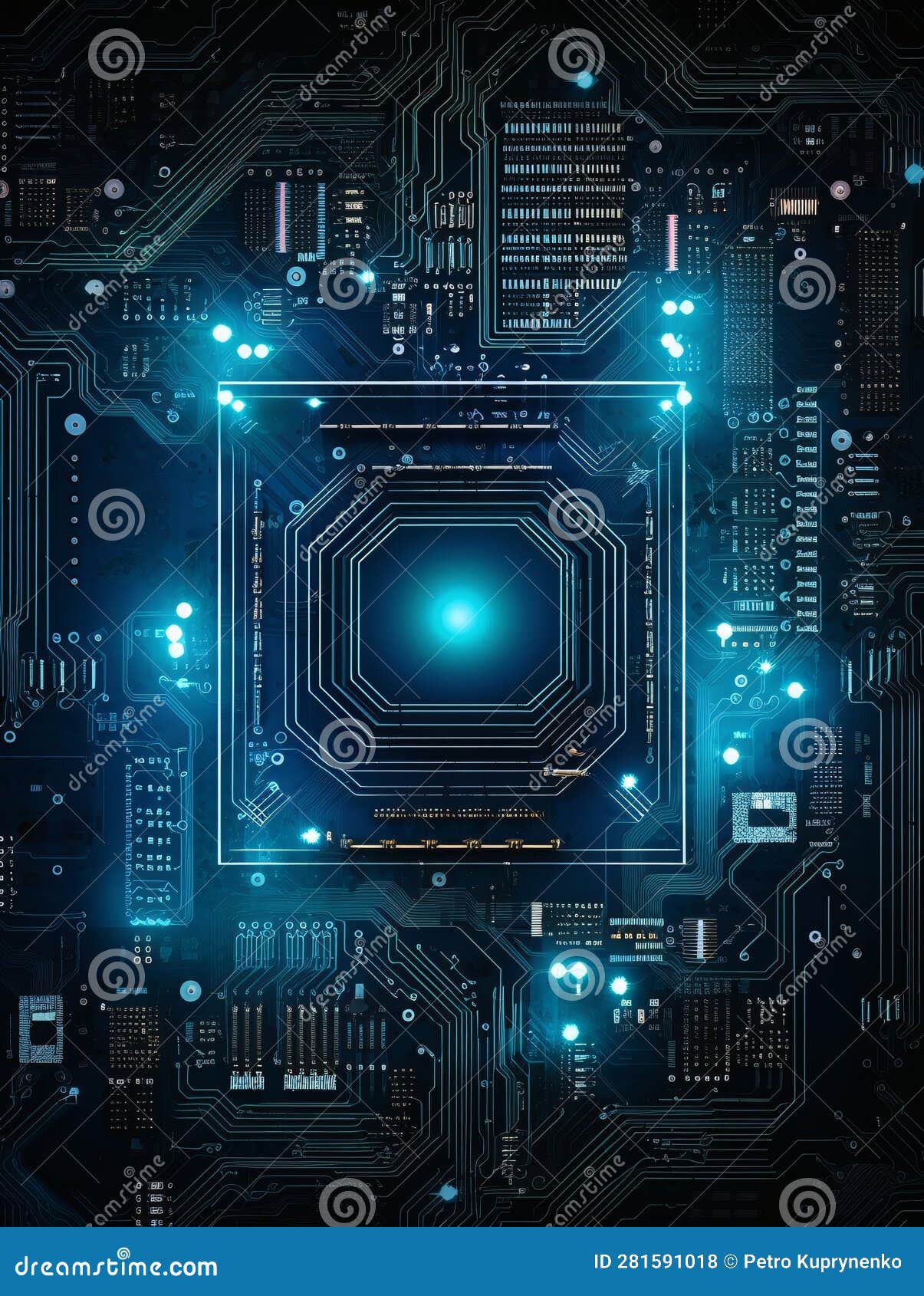 Computer Board with Central Processing Unit and Blue Lights Digital Art ...