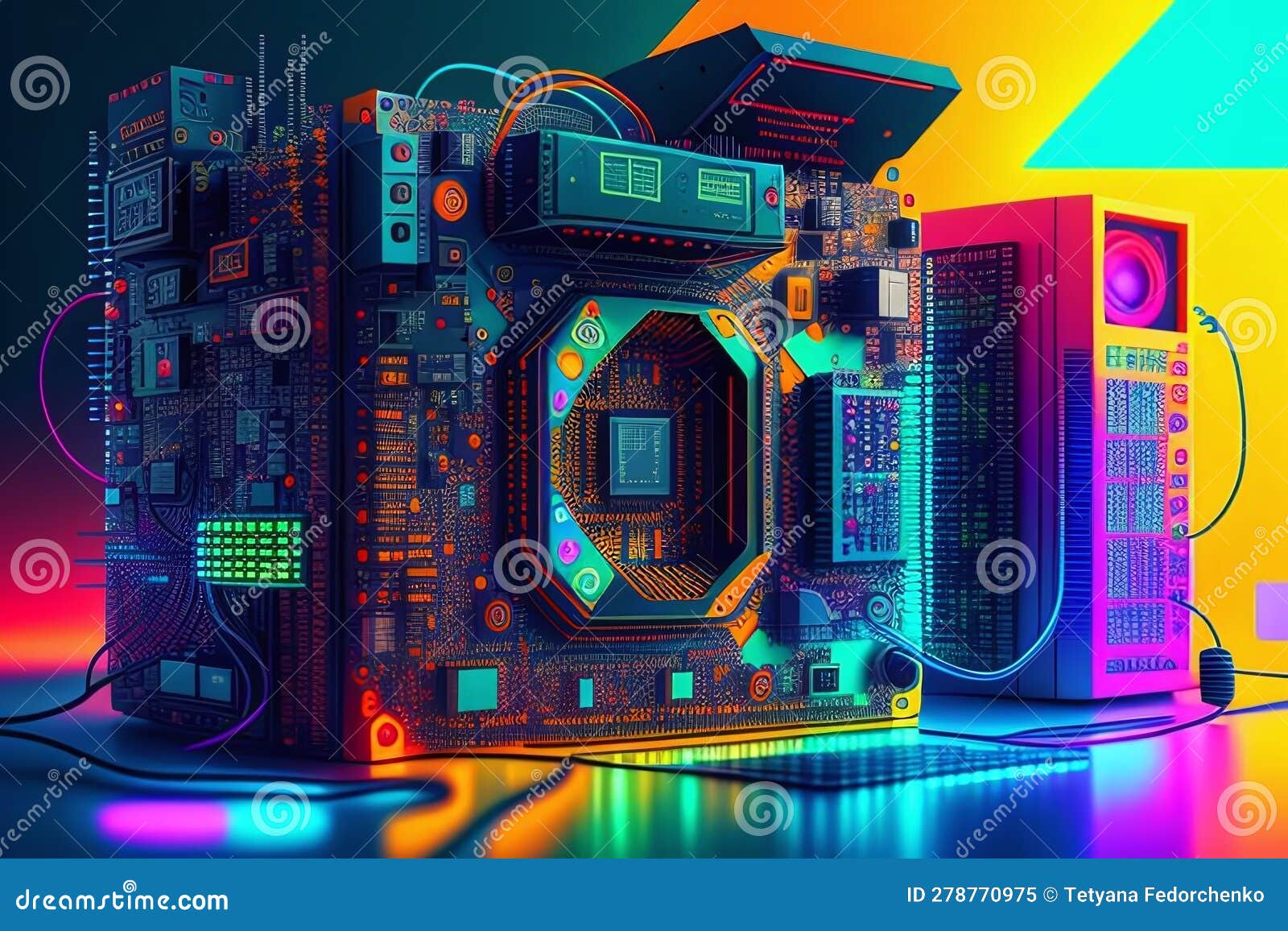 A Computer Board with Colorful Lights and a Circuit Board with the Word ...