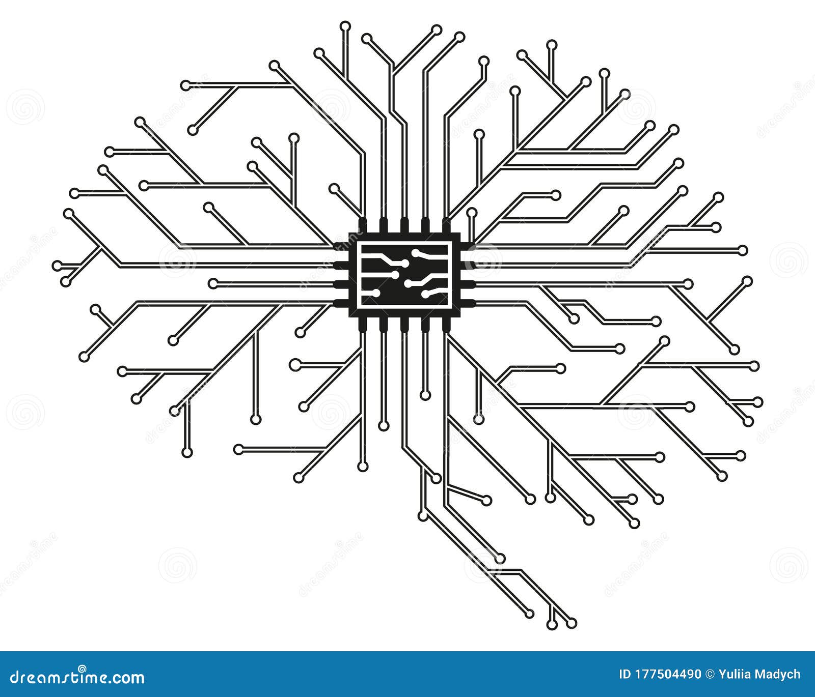 Computer Board in the Form of a Human Brain in Black with a Processor ...