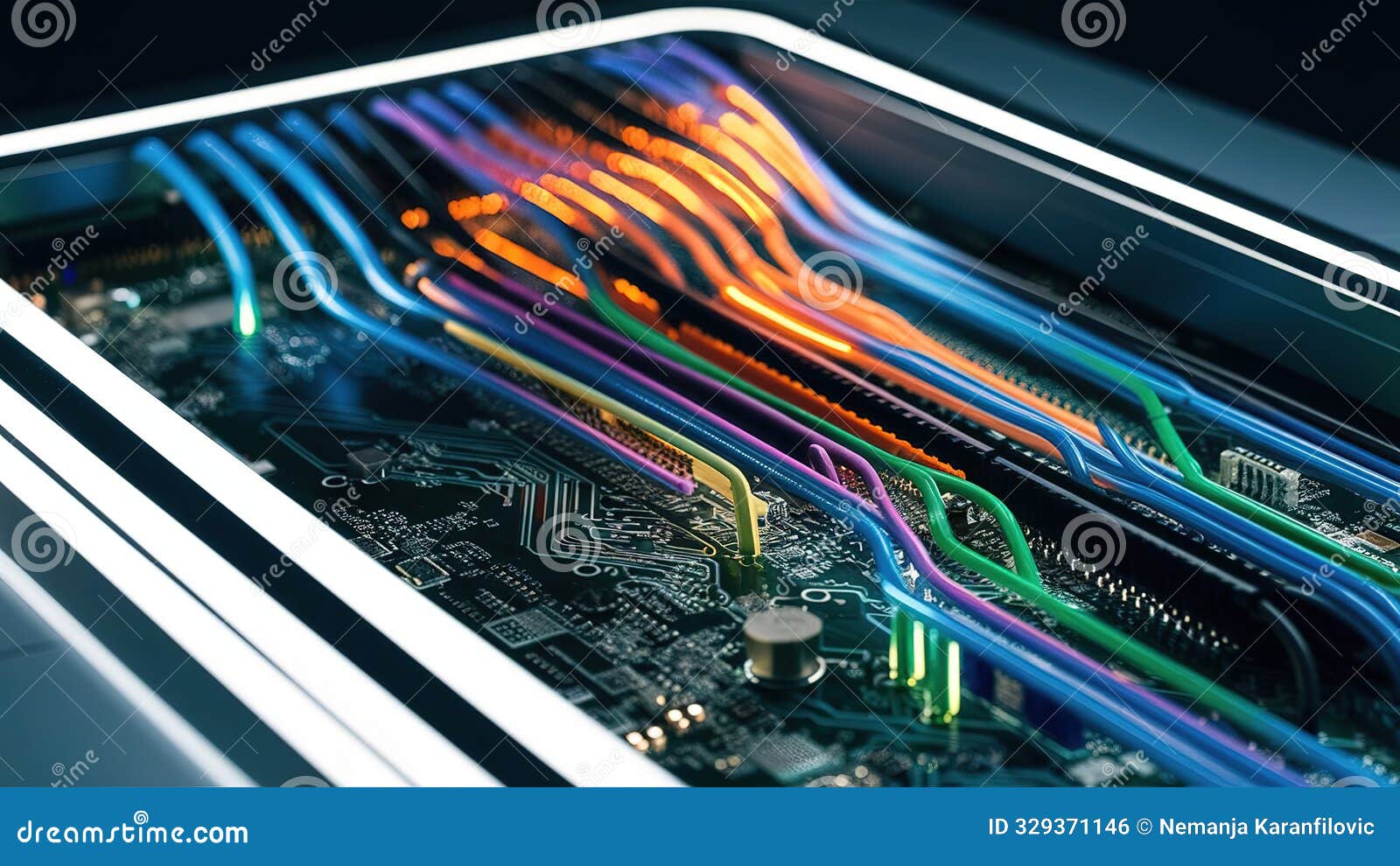 A Computer Board with Many Wires and a Small Light on it Stock ...