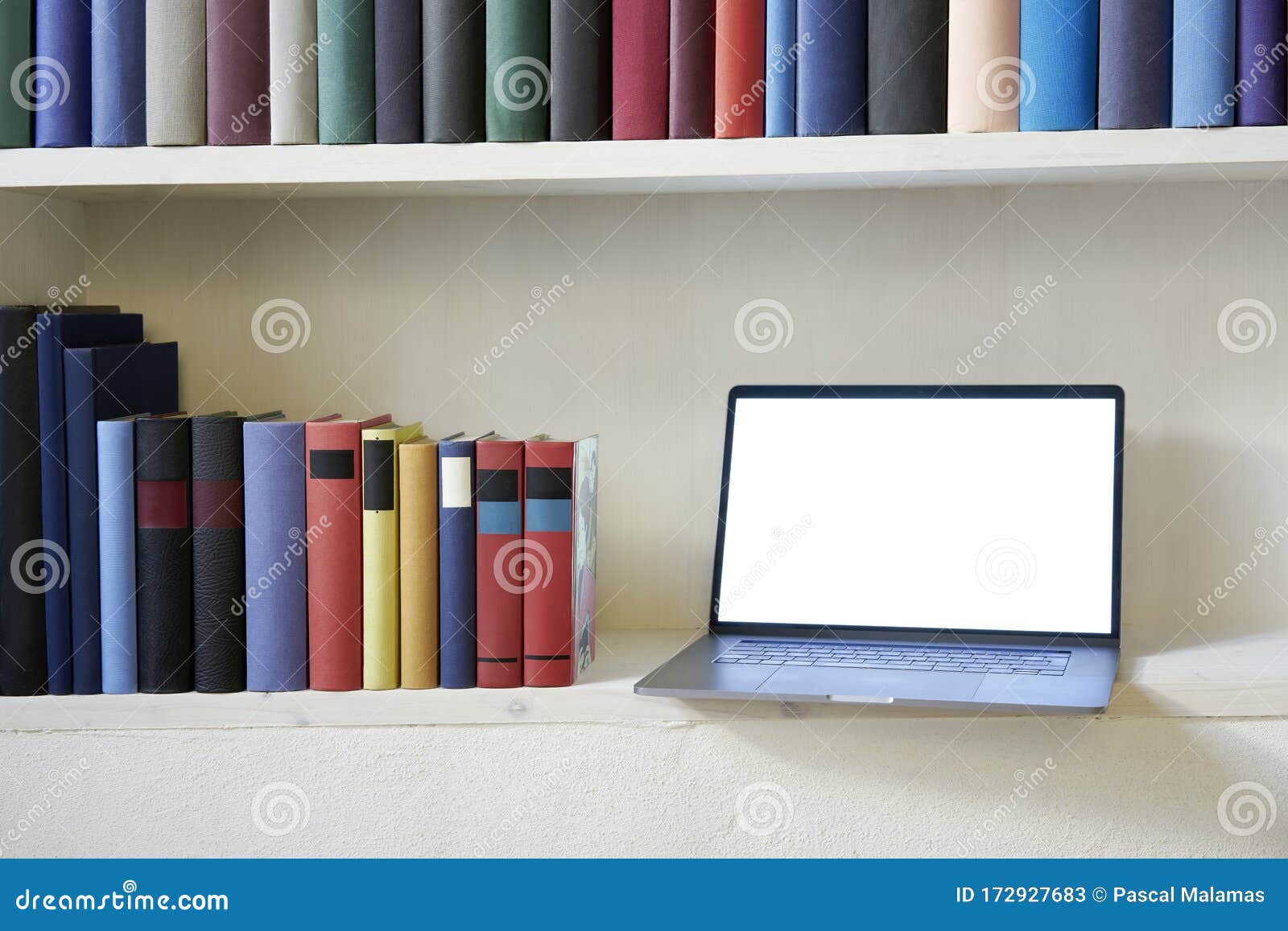 Computer in bookcase stock image. Image of clean, display - 172927683