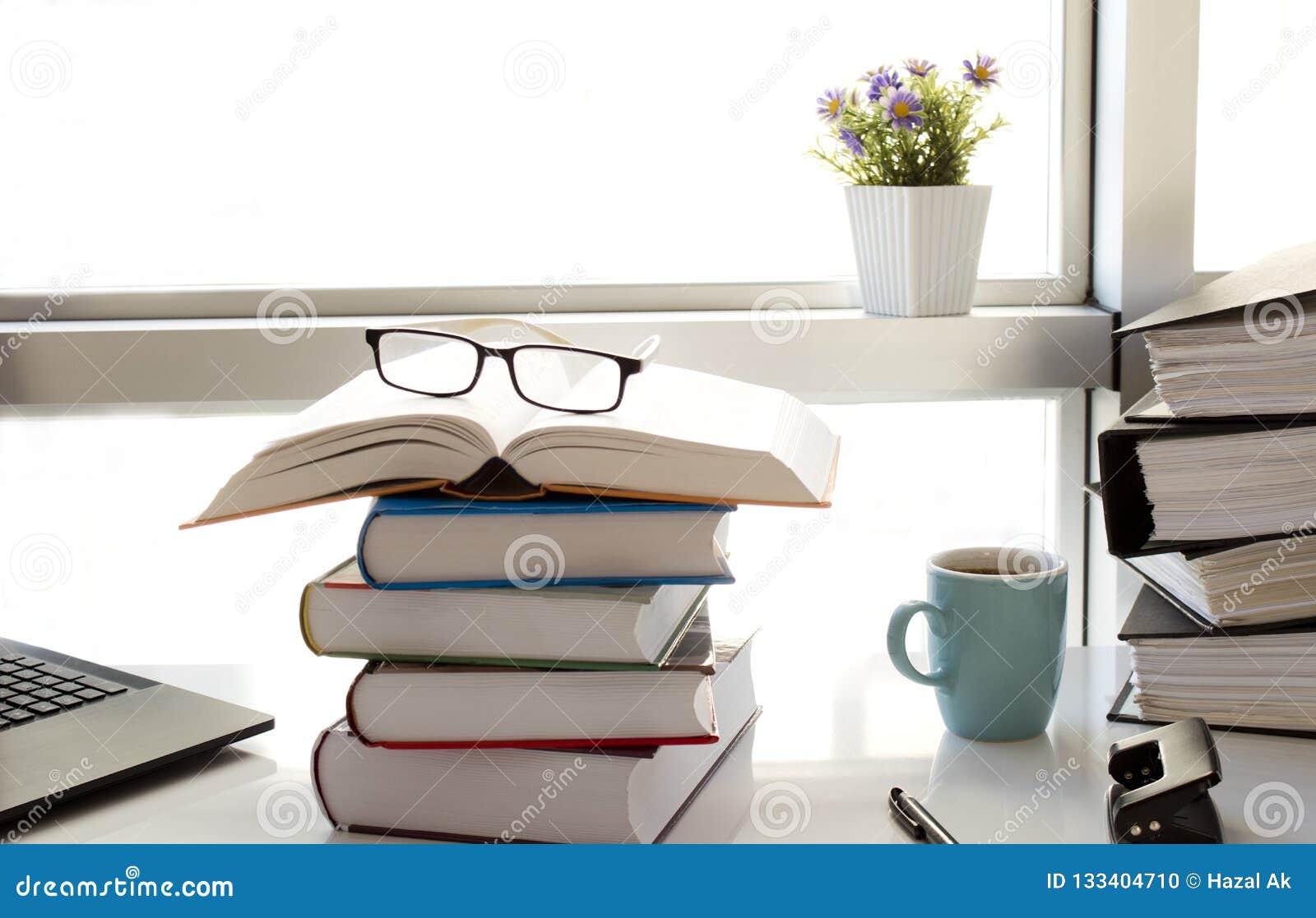 Computer and Books on White Business Table. Stock Photo - Image of ...