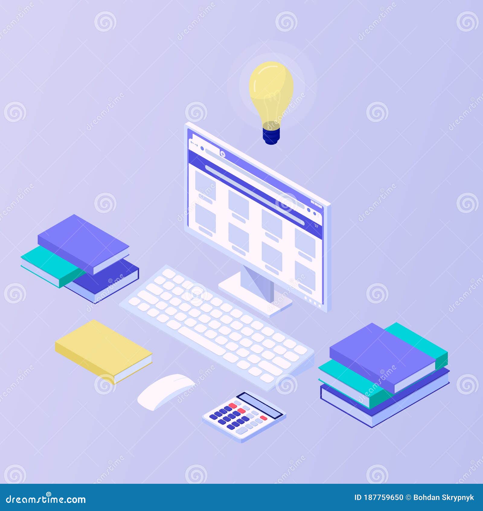 Computer and Books Distance Learning Isometric Concept. Online School ...