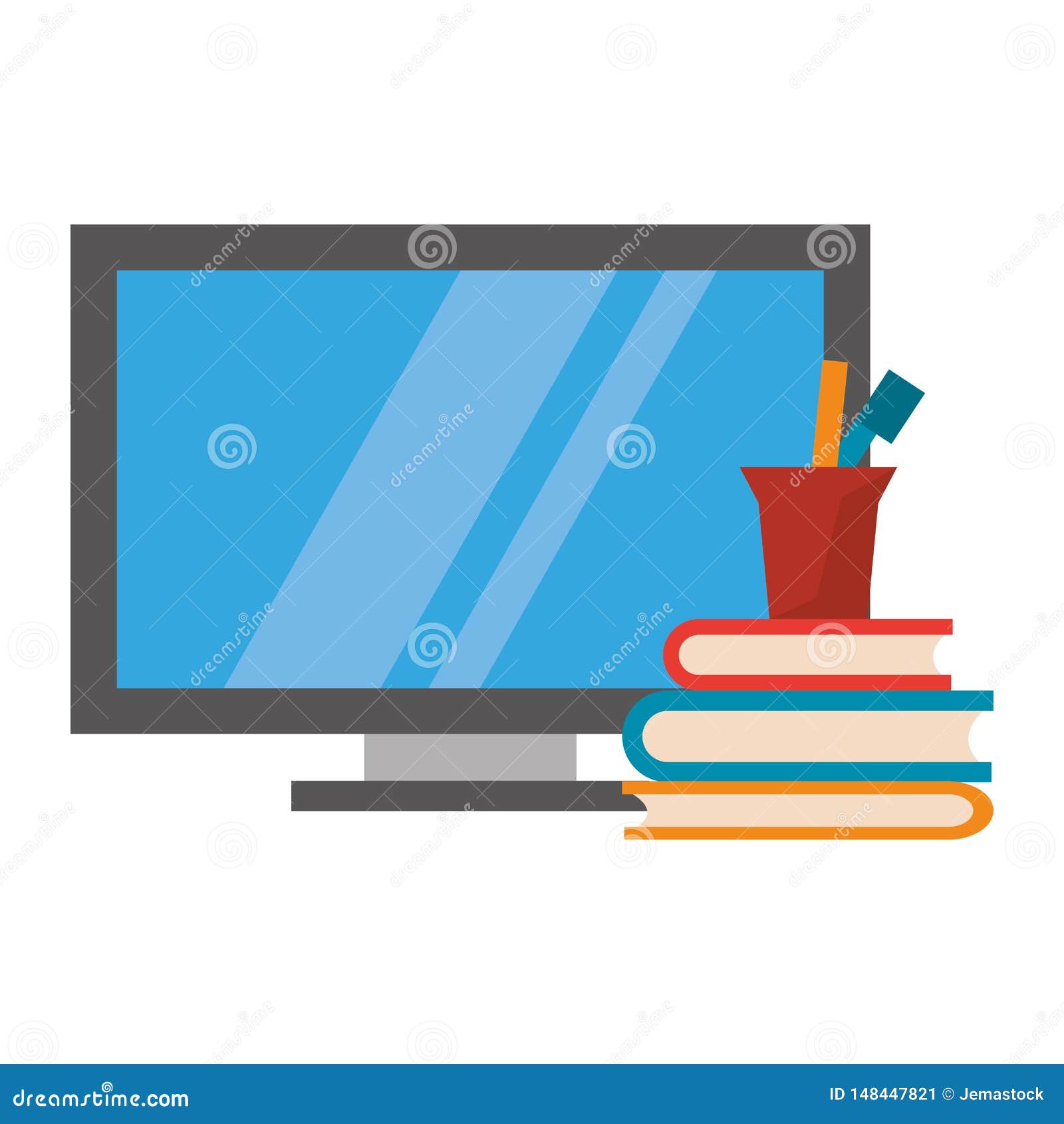 Computer and Books with Pens in Cup Stock Vector - Illustration of ...