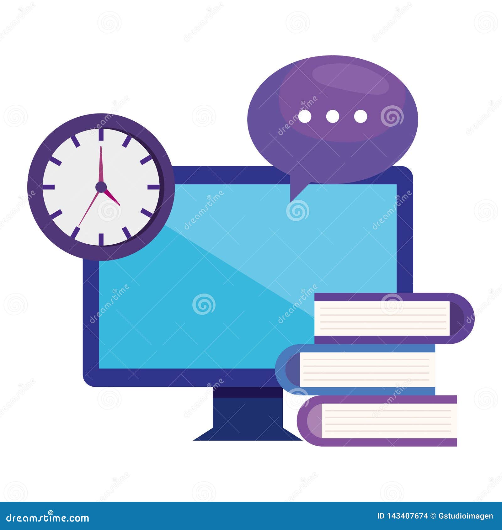 Computer with Books and Time Clock Stock Vector - Illustration of icon ...