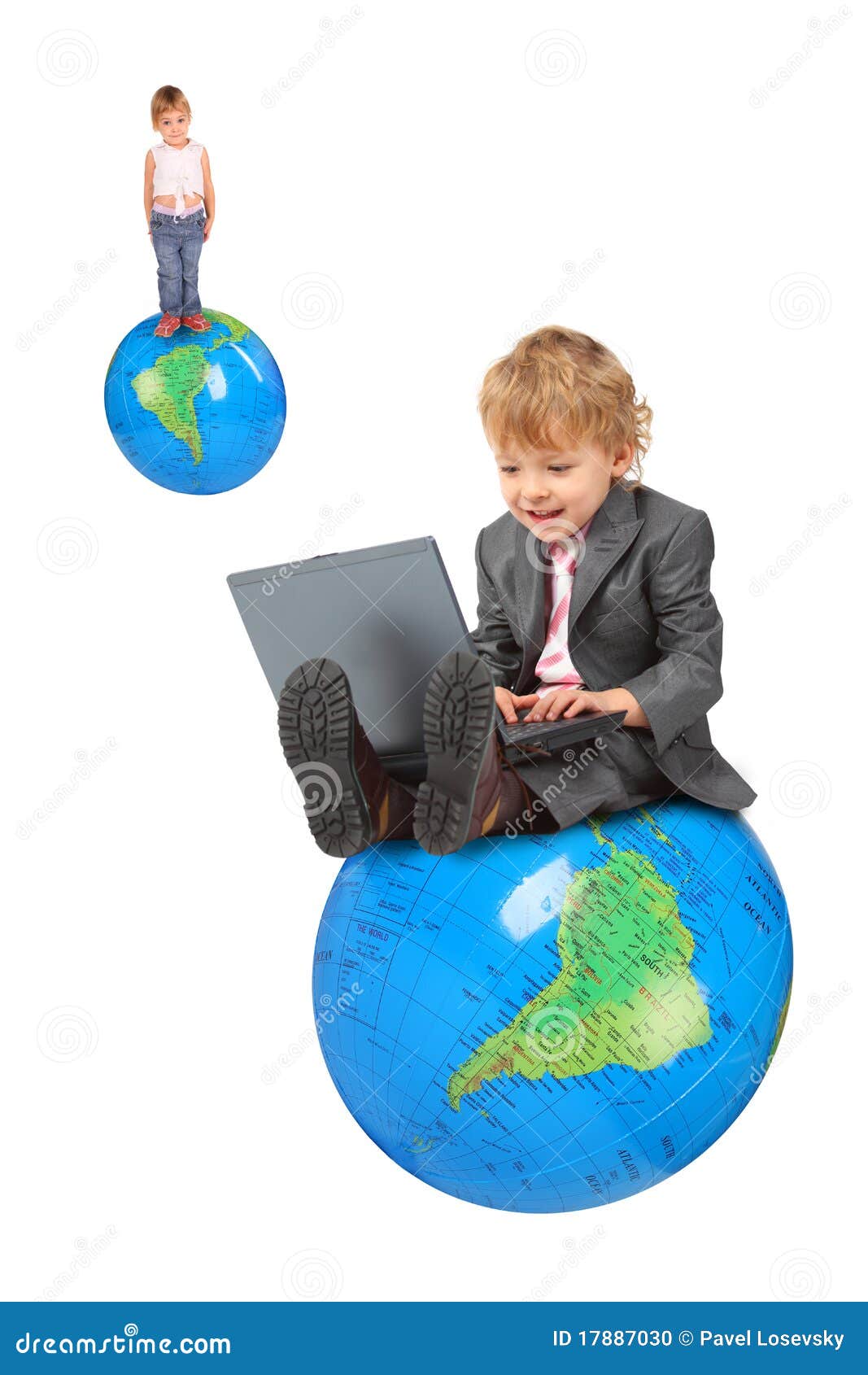 Computer Boy on Big Globe and Girl on Globe Stock Photo - Image of ...