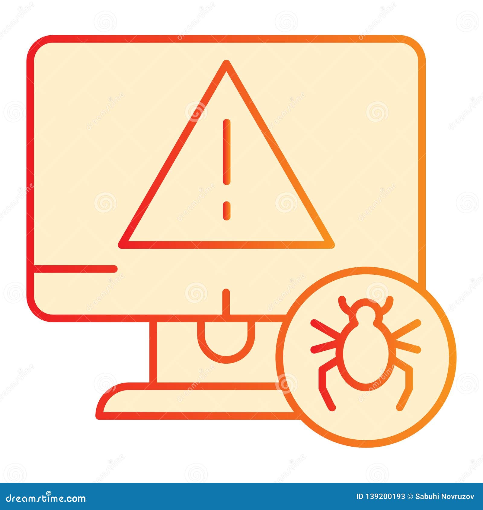 Computer with Bug Flat Icon. Alert Message on Desktop Orange Icons in ...