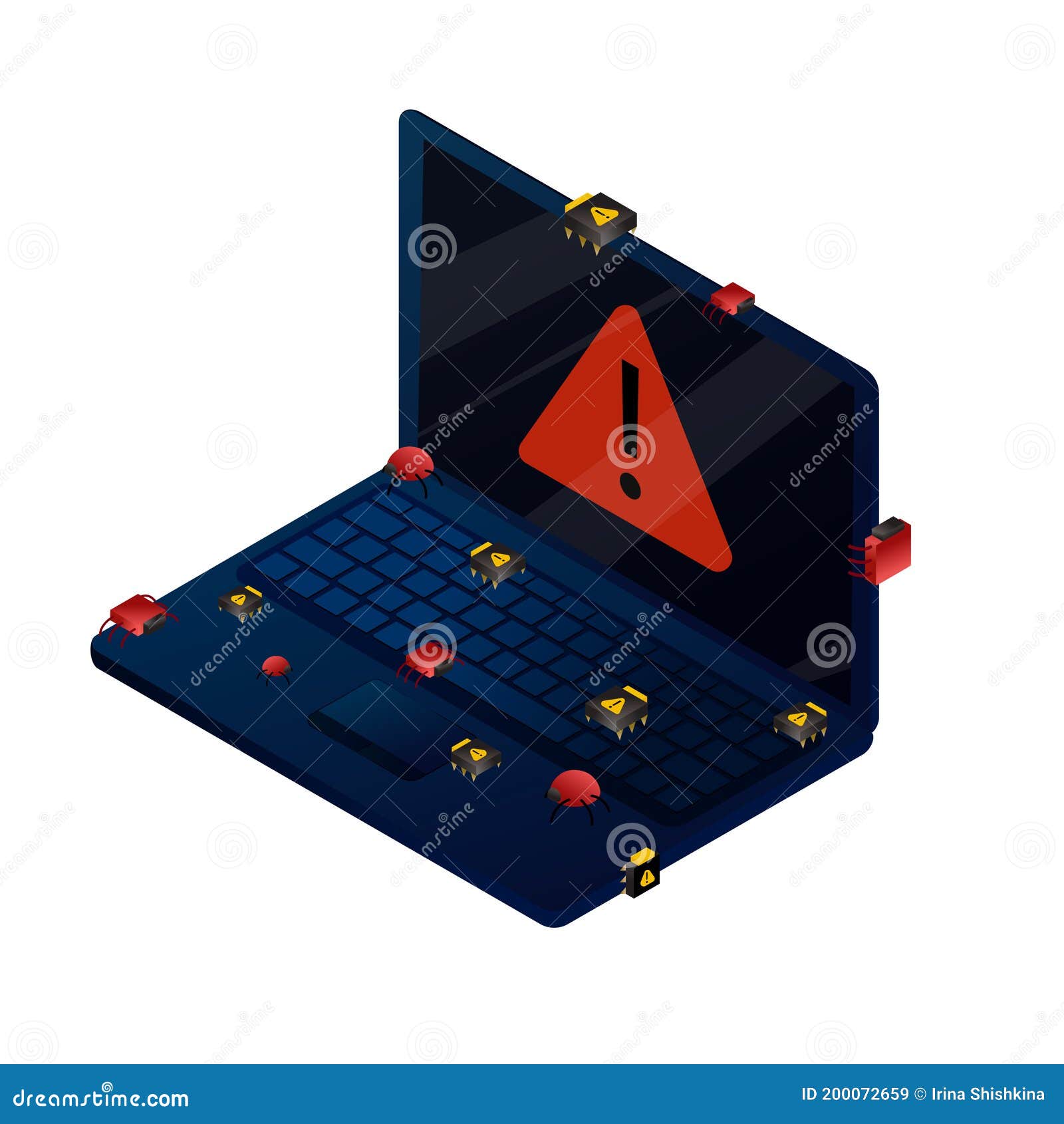 Computer Bugs and Virus Attacked Isometric Laptop Stock Vector ...