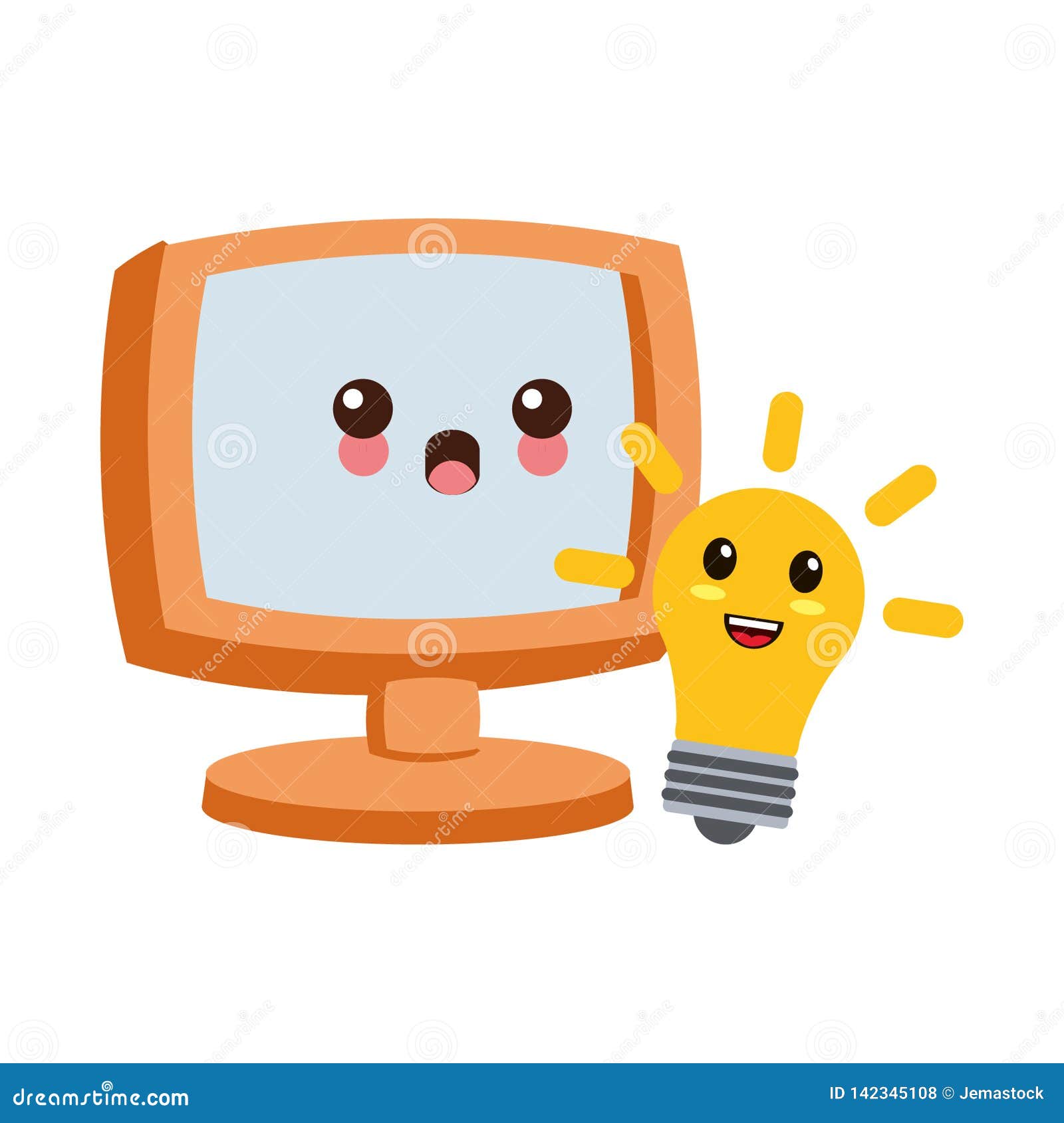 Computer and Bulb Light Idea Kawaii Cartoon Stock Vector - Illustration ...