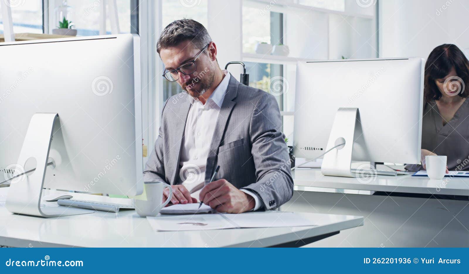 Computer, Businessman and Writing Notes while Typing in Office for ...