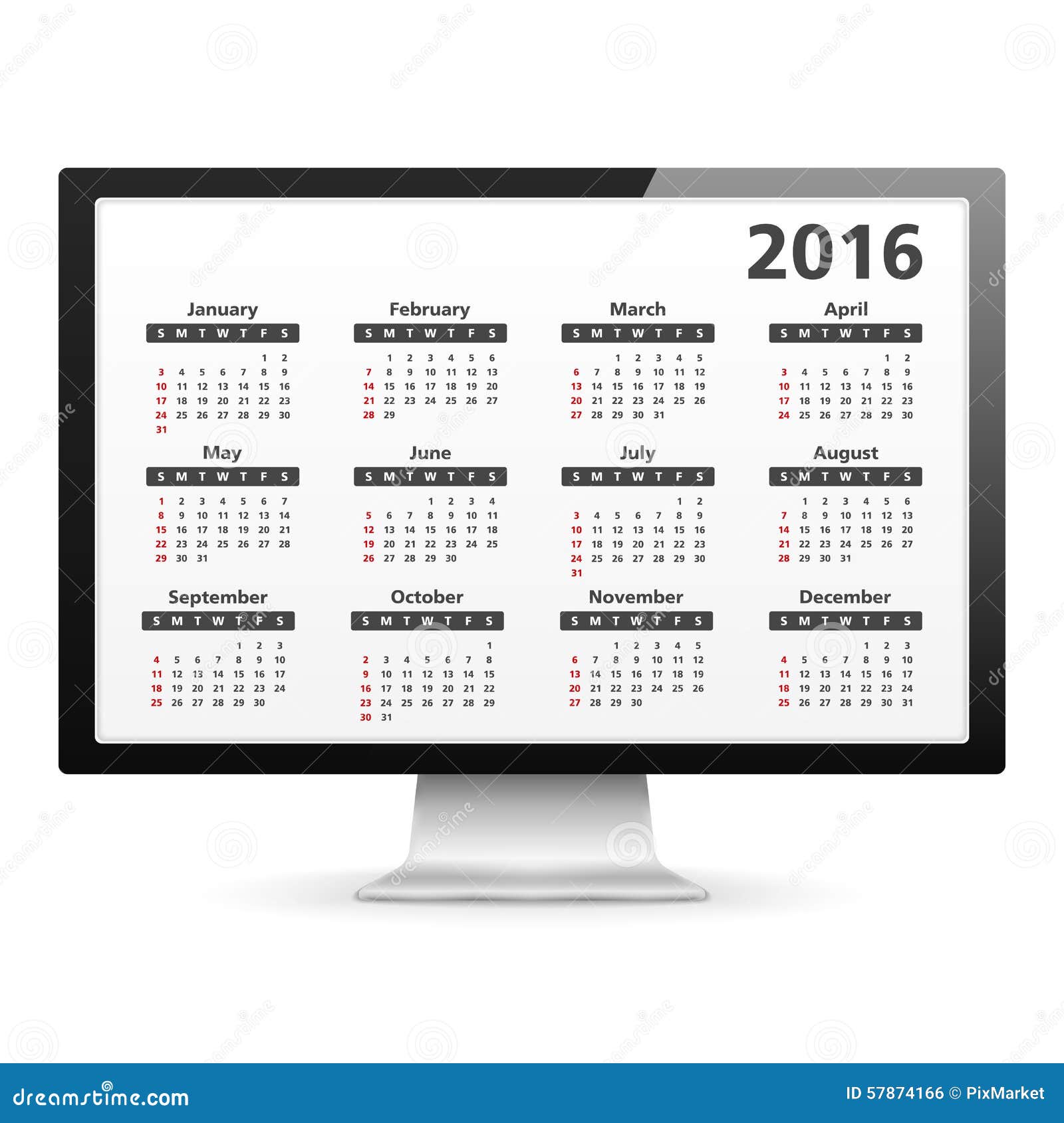 Computer with 2016 Calendar Stock Vector - Illustration of planner ...