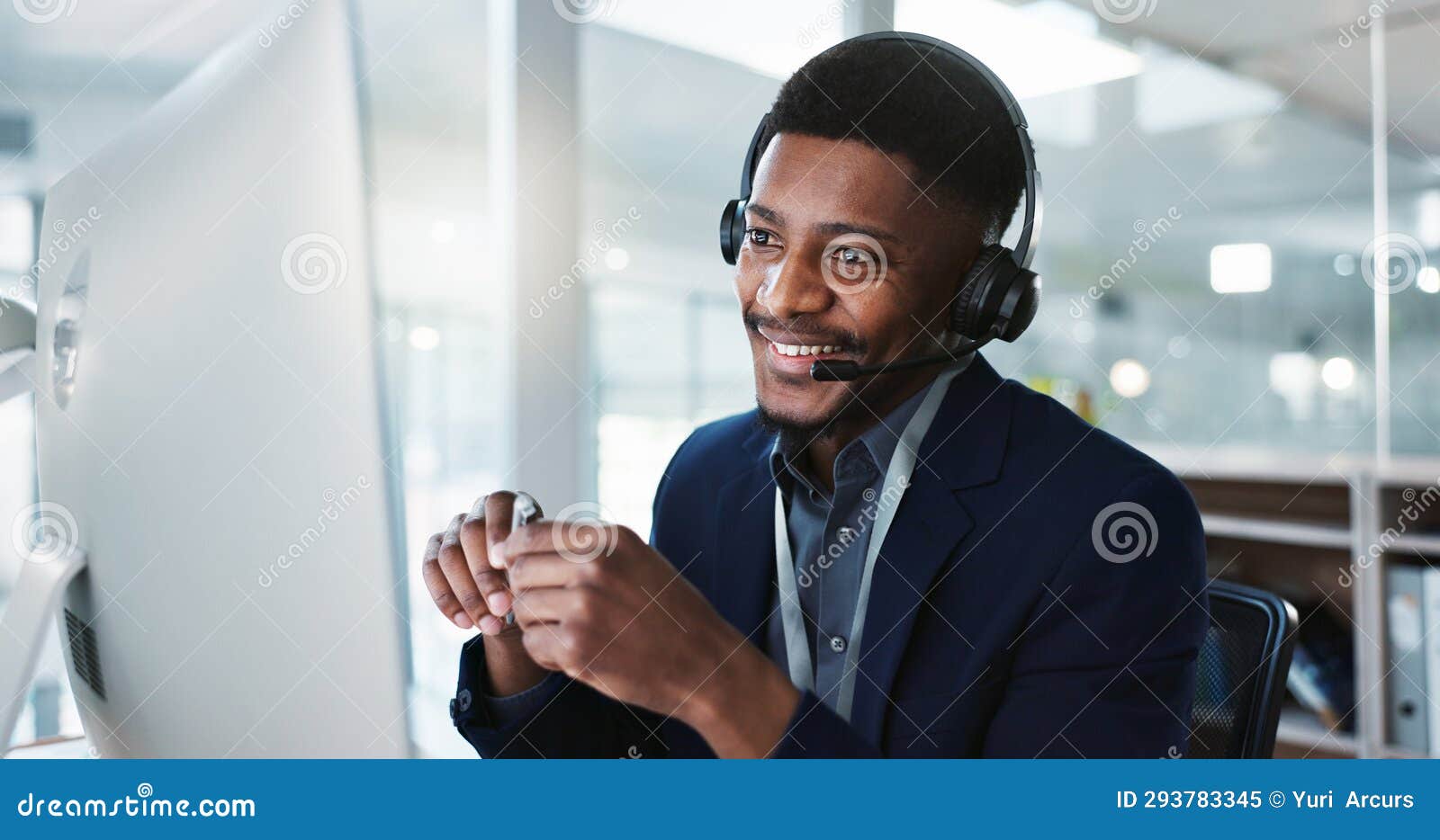 Computer, Call Center and Happy Black Man Talking, Crm and Technical ...