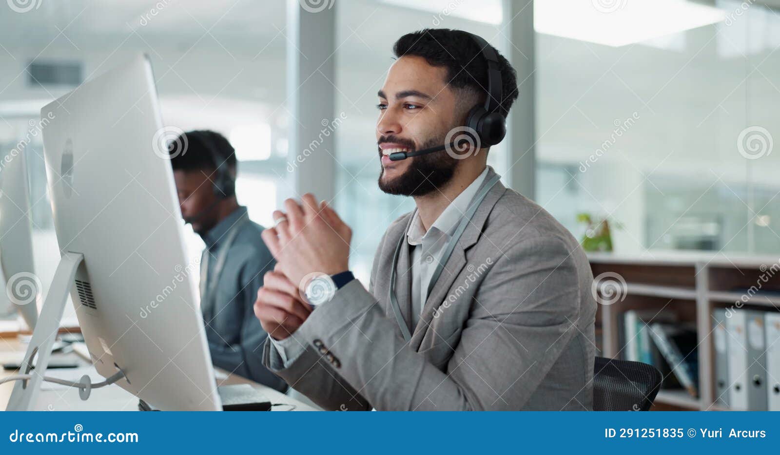 Computer, Call Center and Happy with Man Talking and Support at Help ...