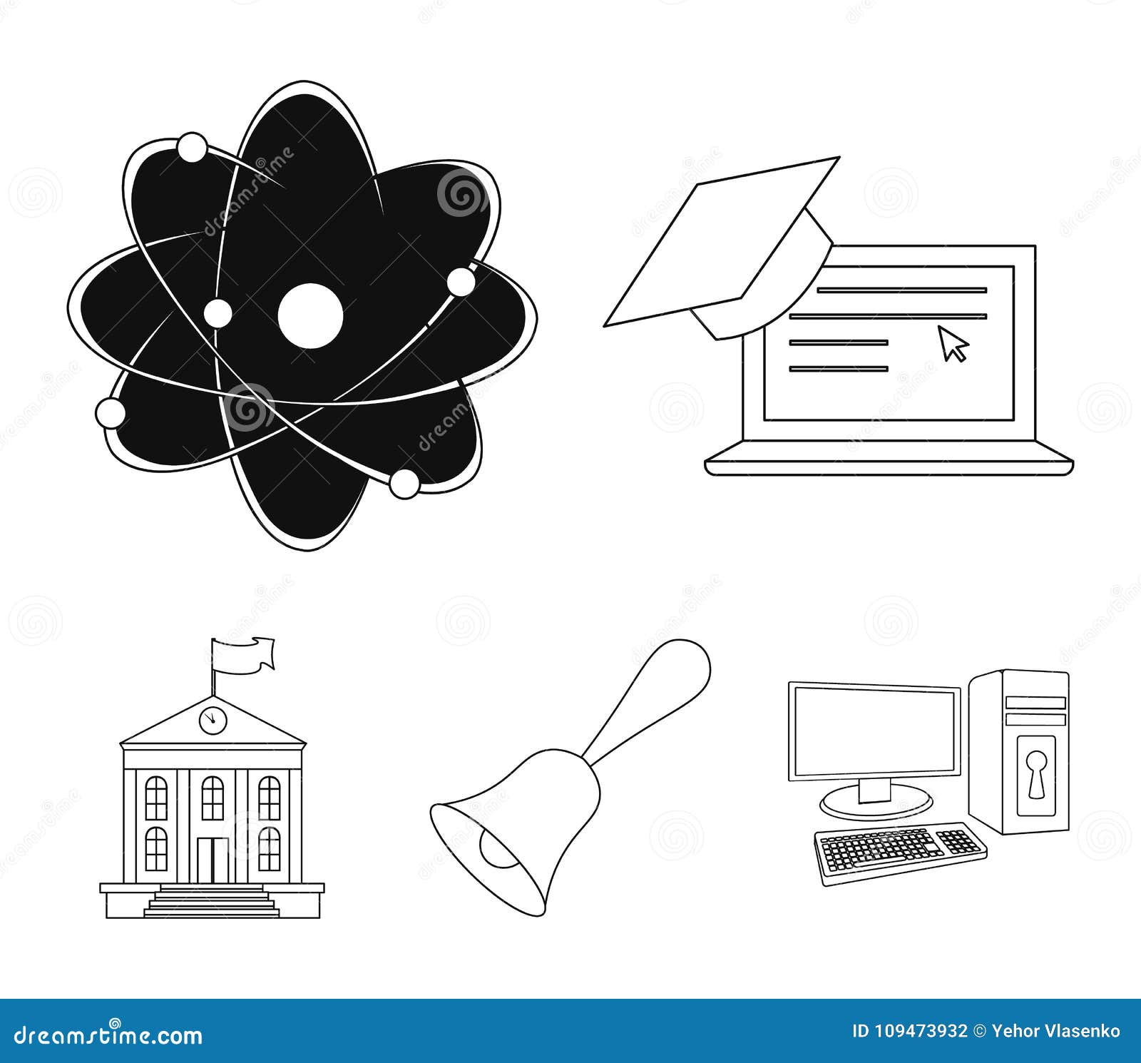 Computer, Cap, Atom, Nucleus, Bell, University Building. School Set ...