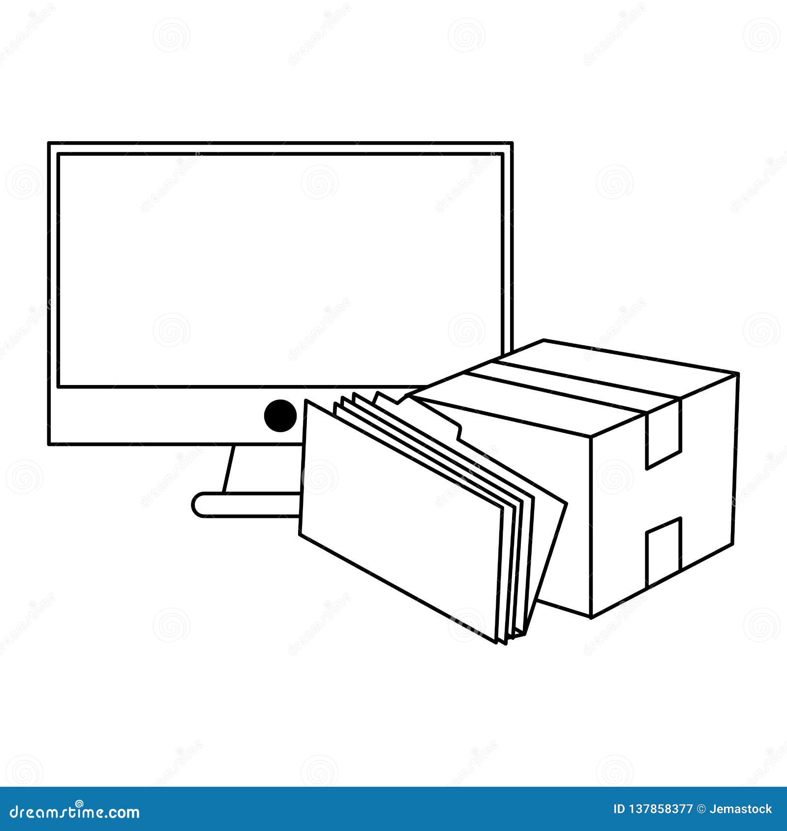 Computer and Cardboard Box with Folder Black and White Stock Vector ...