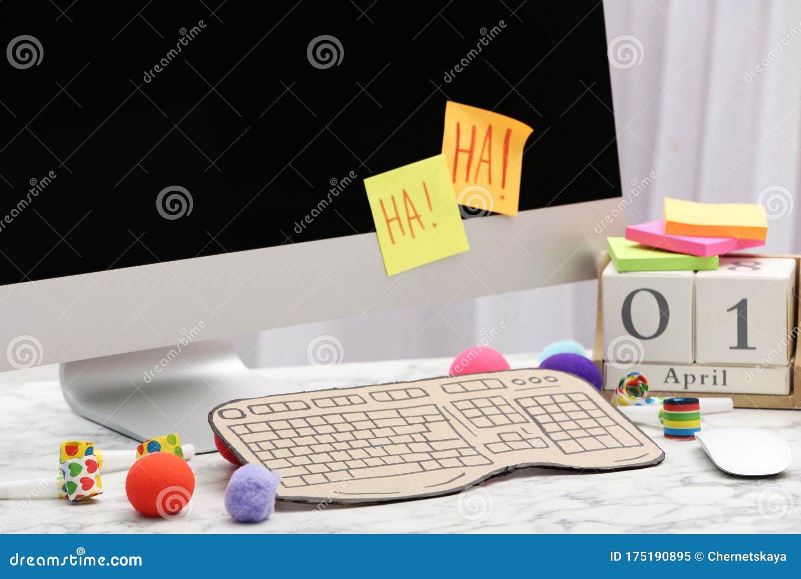 Computer with Cardboard Keyboard on White Marble Table. April Fool`s ...