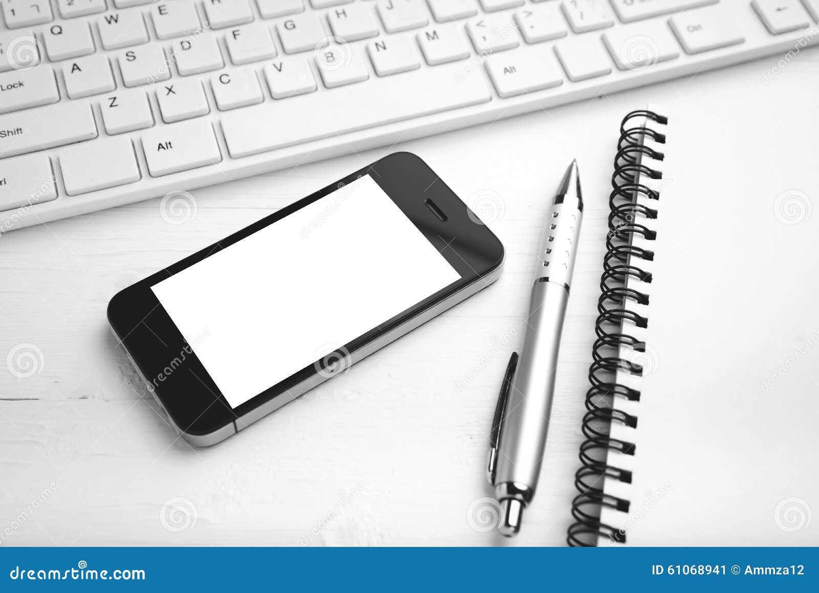 Computer and Cellphone with Notebook and Pen Black and White Col Stock ...
