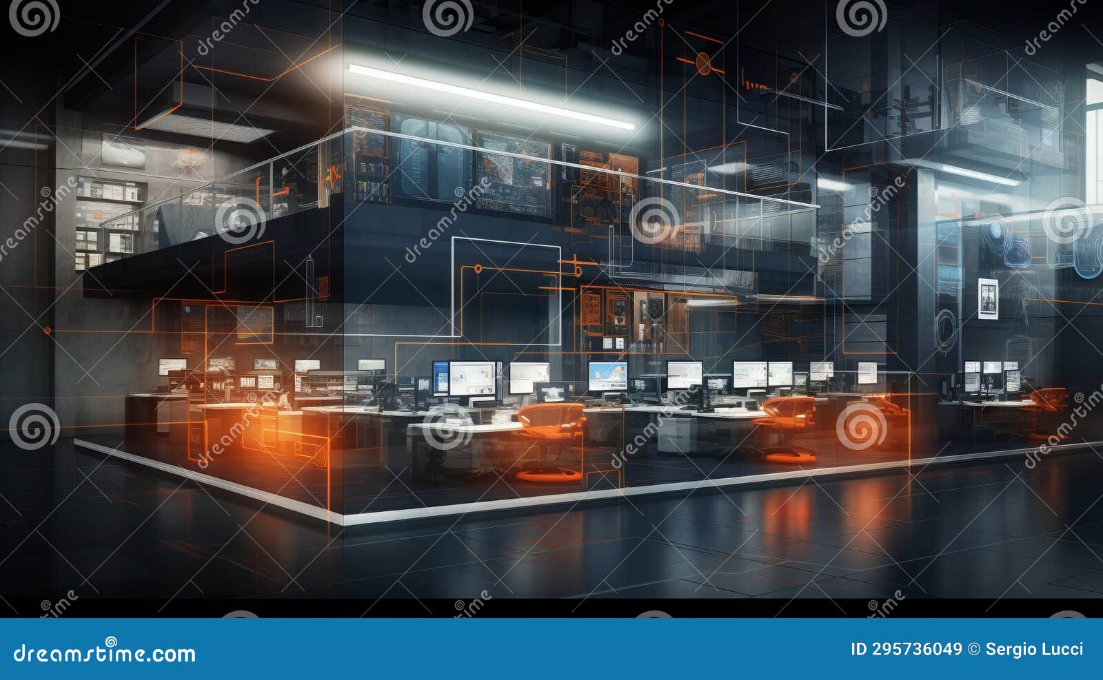 Computer Center, Visualization Concept. Light Black and Orange. Stock ...