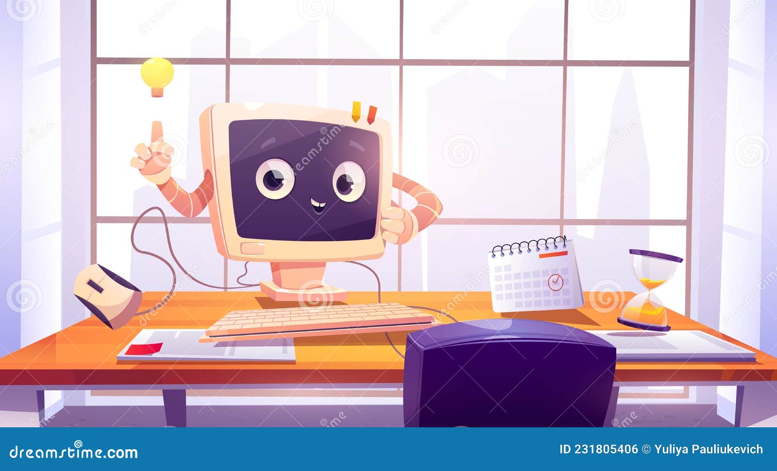 Computer Character at Office Desk, Cute Pc Desktop Stock Vector ...
