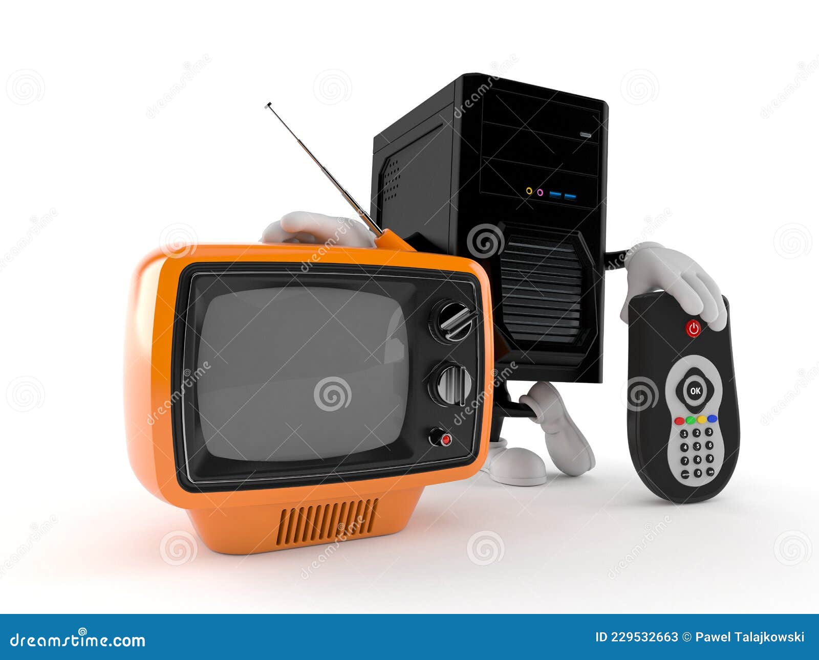 Computer Character with Tv Set and Remote Stock Illustration ...