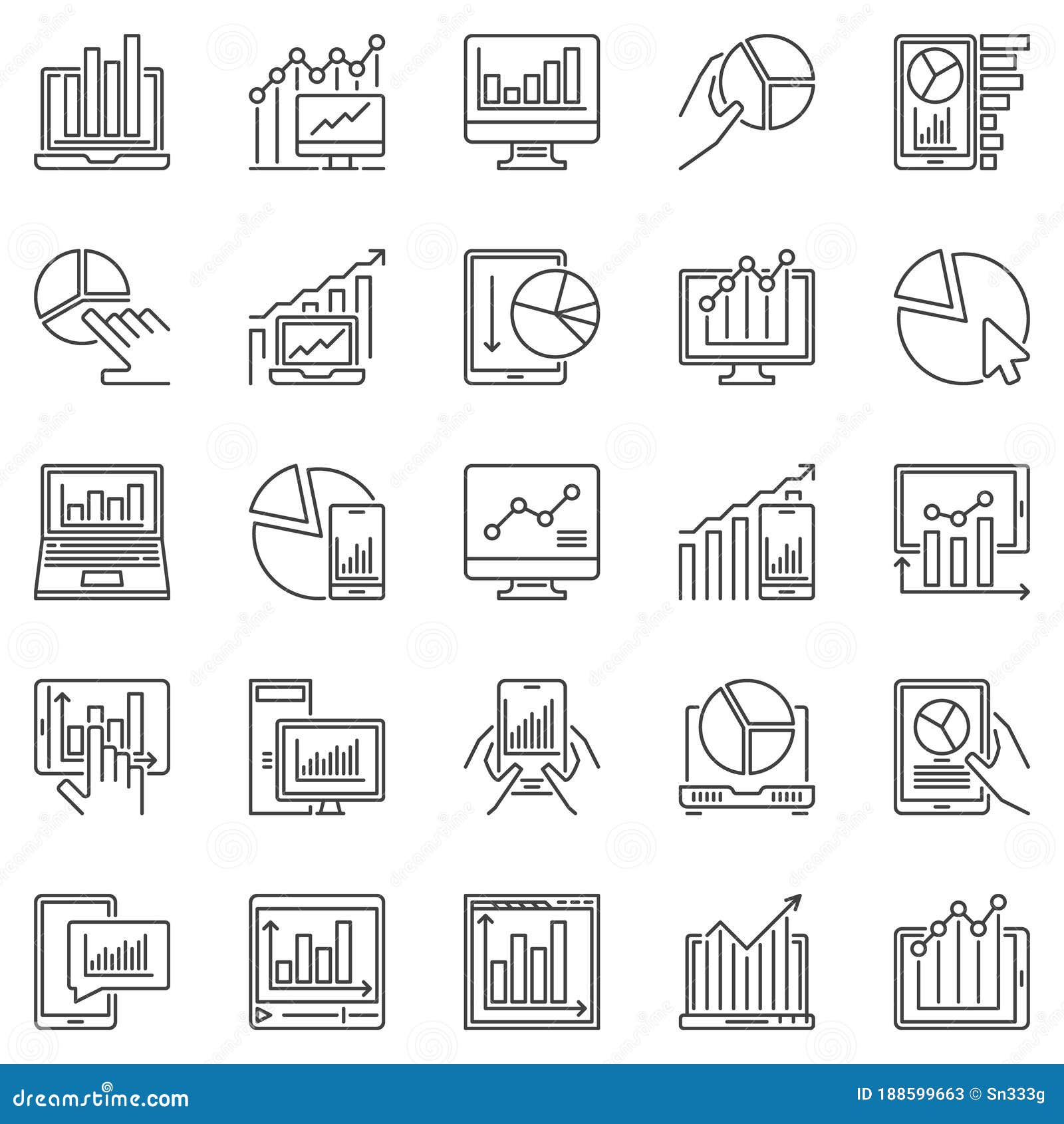 Computer with Chart or Graph Outline Vector Icons Set Stock Vector ...