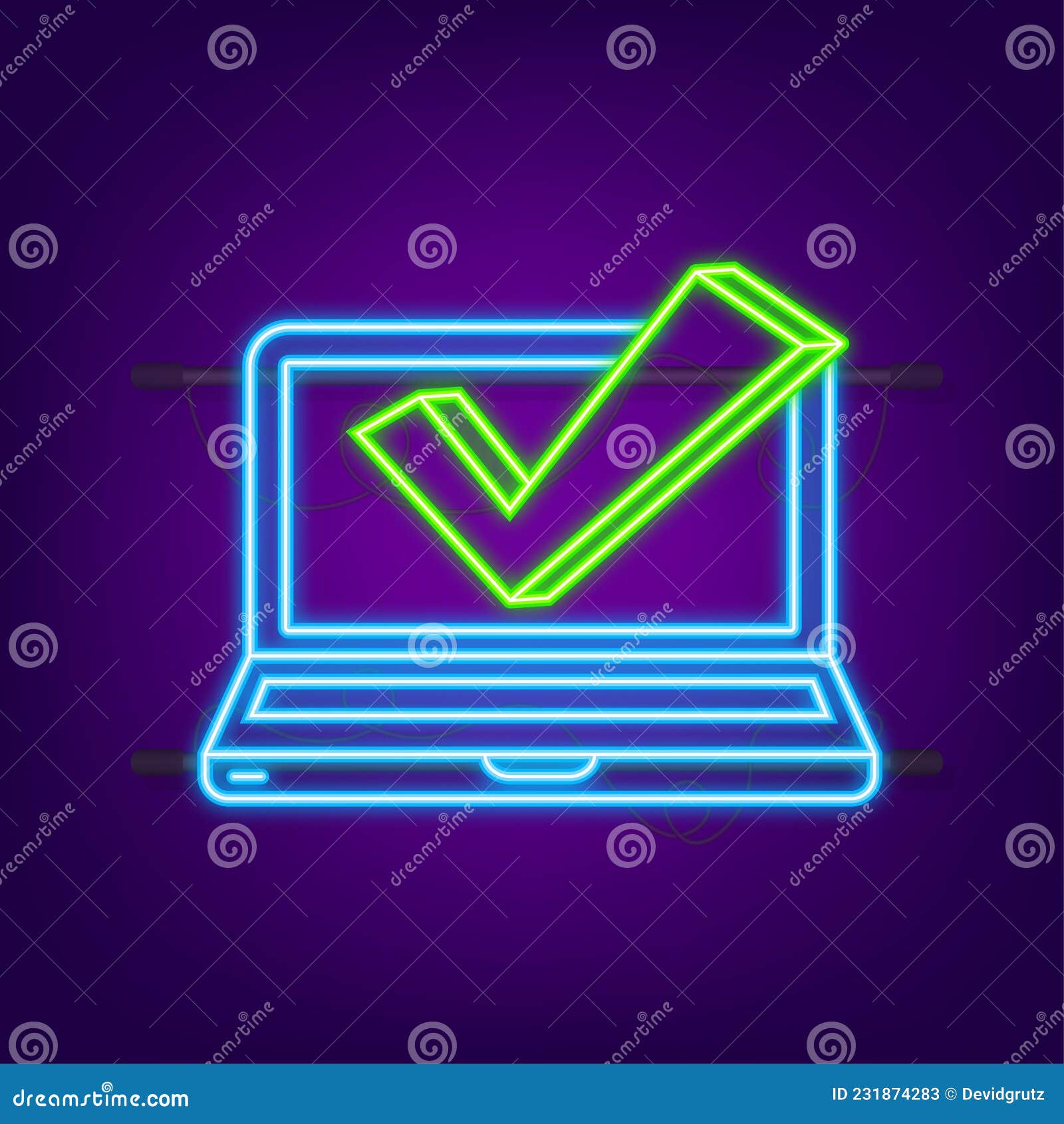 Computer with Checkmark. Neon Icon. Approved Choice. Accept or Approve ...