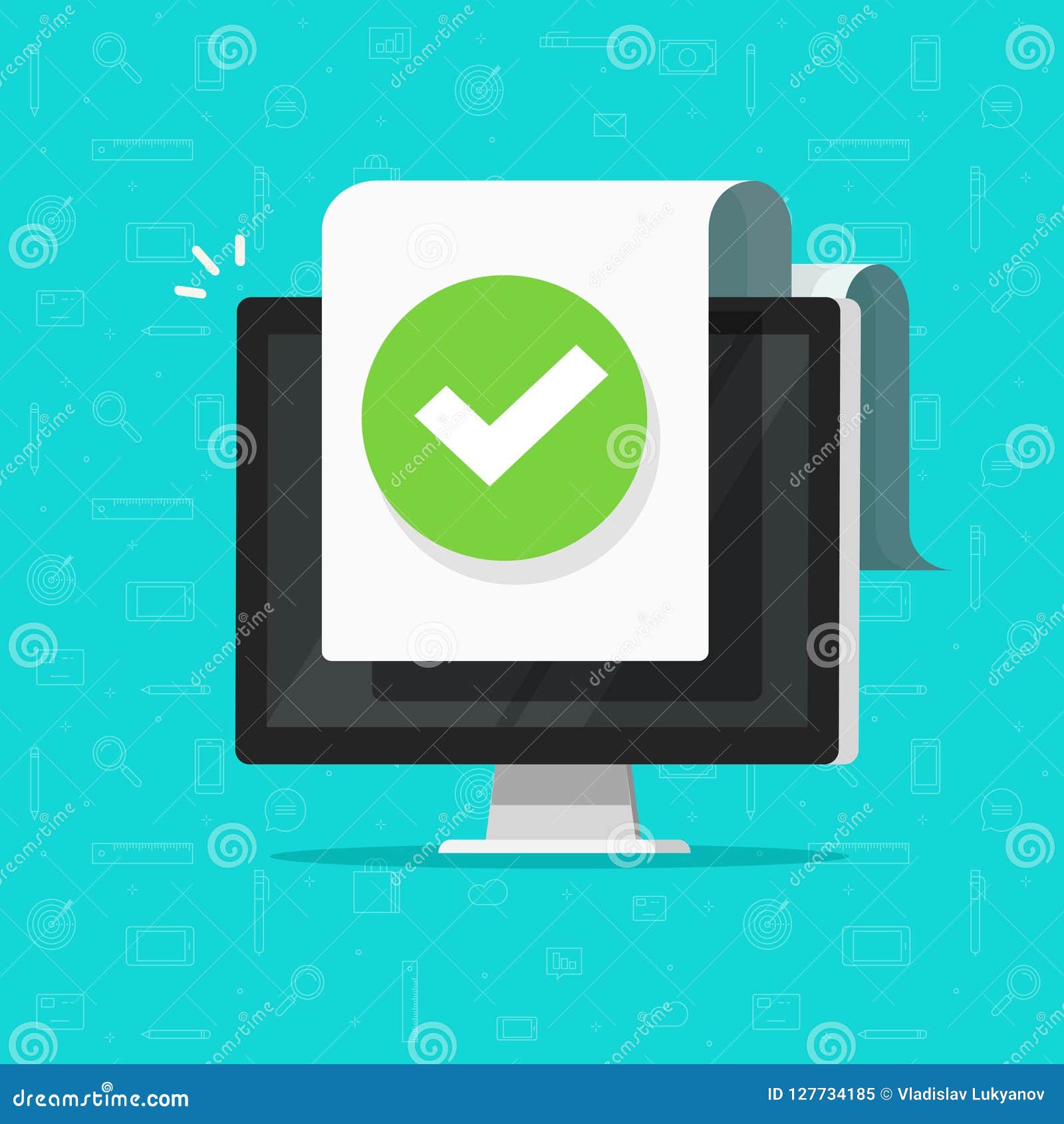 Computer with Checkmark or Tick Notification on Document Vector Icon ...