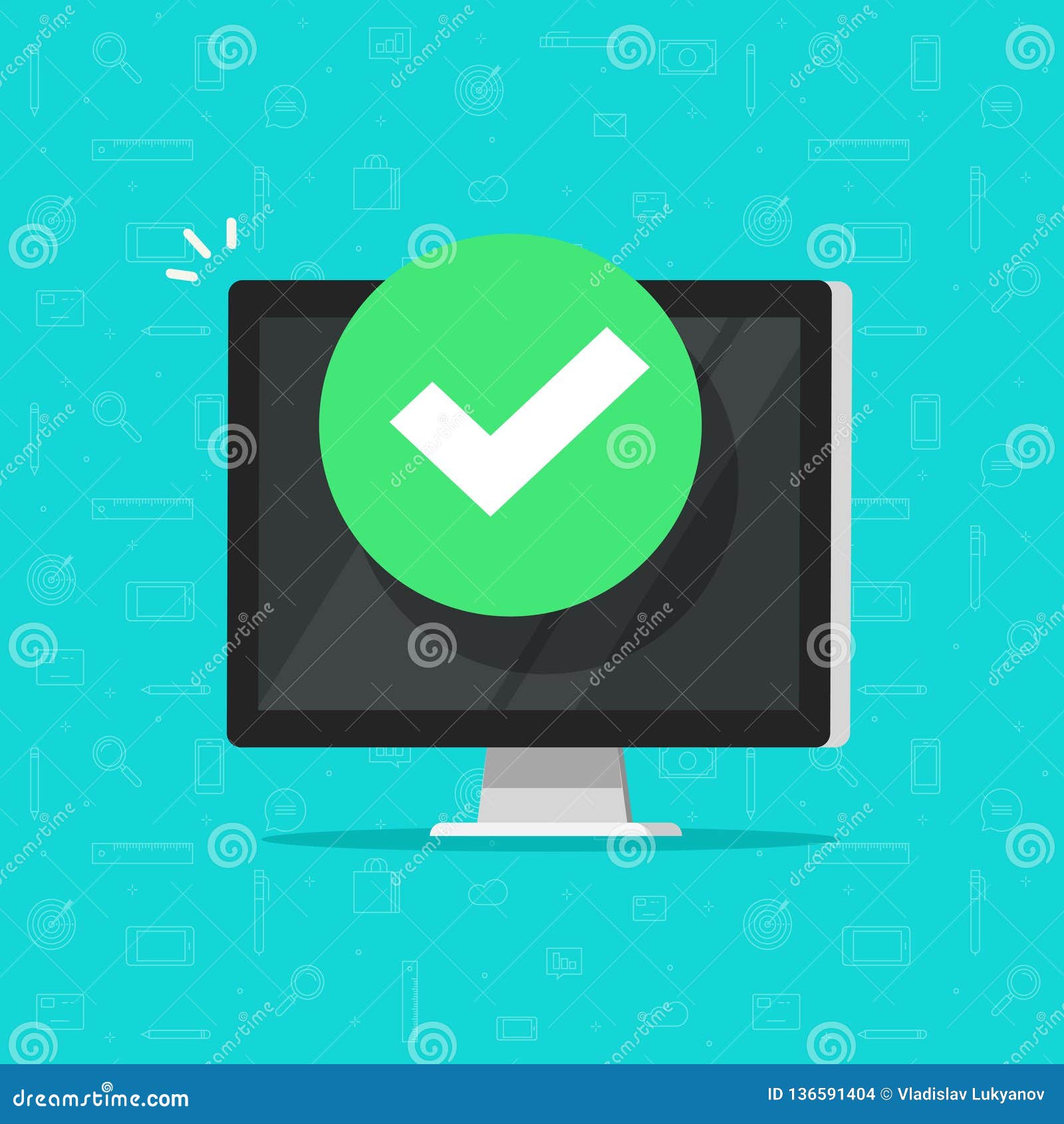Computer with Checkmark or Tick Notification Vector Illustration, Flat ...