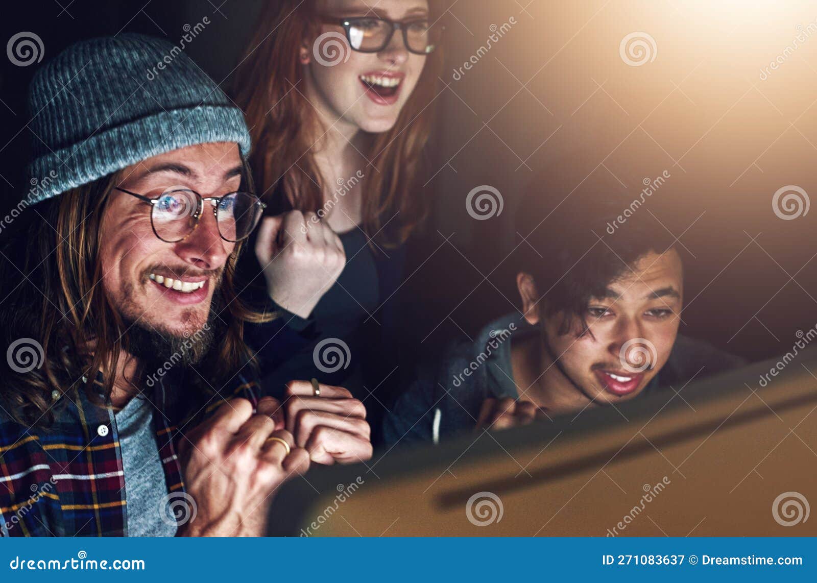 Computer, Cheers and Night People Celebrate Programming ERP Software ...