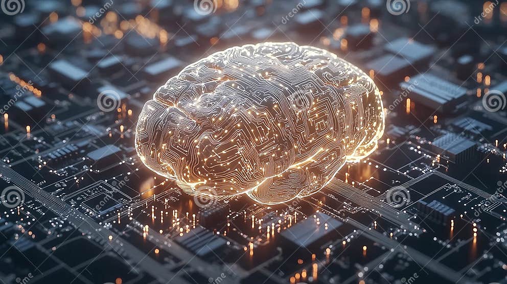 A Computer Chip with a Brain on it. the Brain is Orange and Yellow. the ...