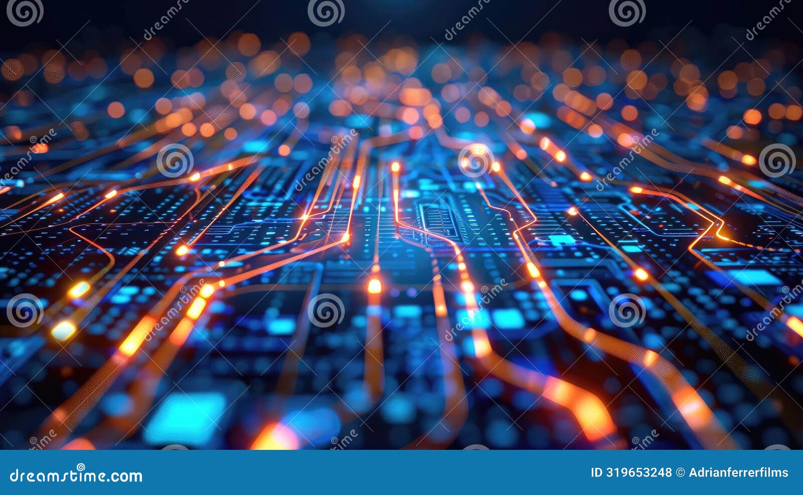 A Computer Chip with a Blue Background and Orange Lines Stock Photo ...