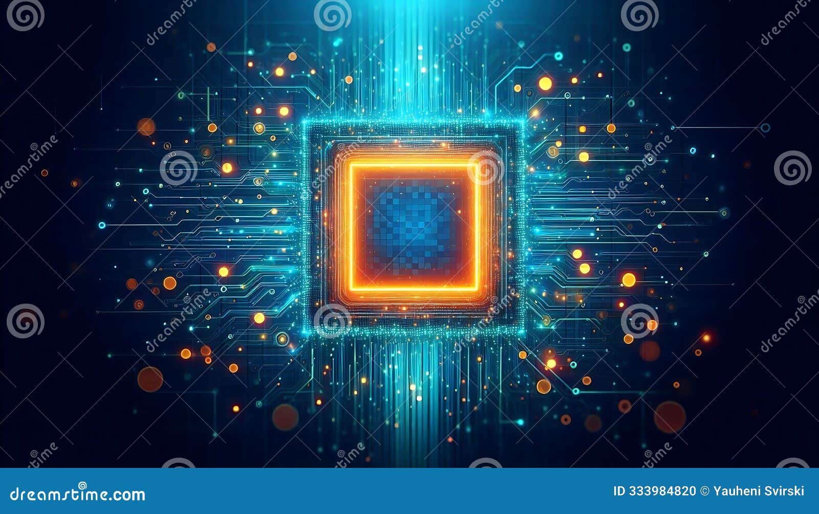 A Computer Chip with a Blue Background and Orange Square in the Middle ...