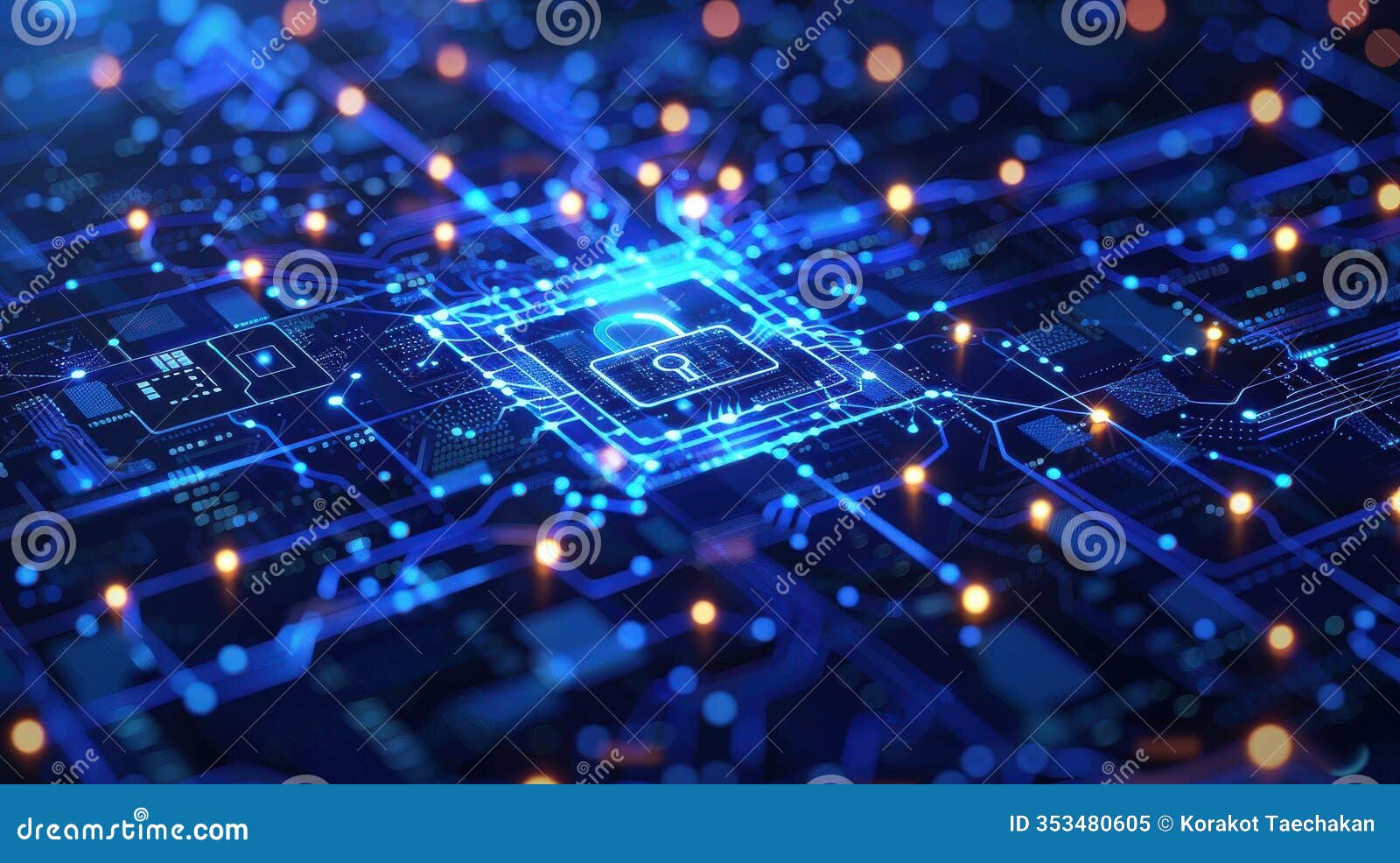 A Computer Chip with a Blue Lock Symbol on it. Technology Background ...