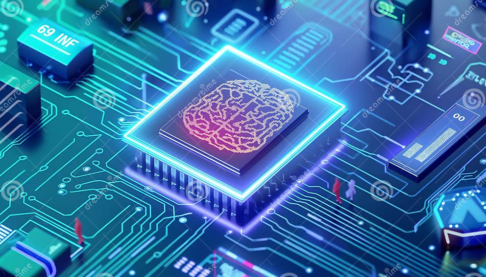 Computer Chip with Brain on Motherboard, Visual Effects, Blue Color ...
