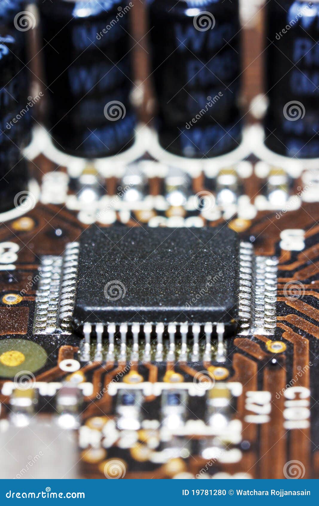 Computer chip on brown PCB stock photo. Image of component - 19781280