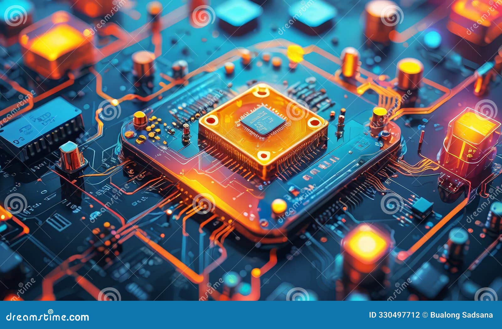 Computer Chip on Circuit with Blue Background Stock Illustration ...