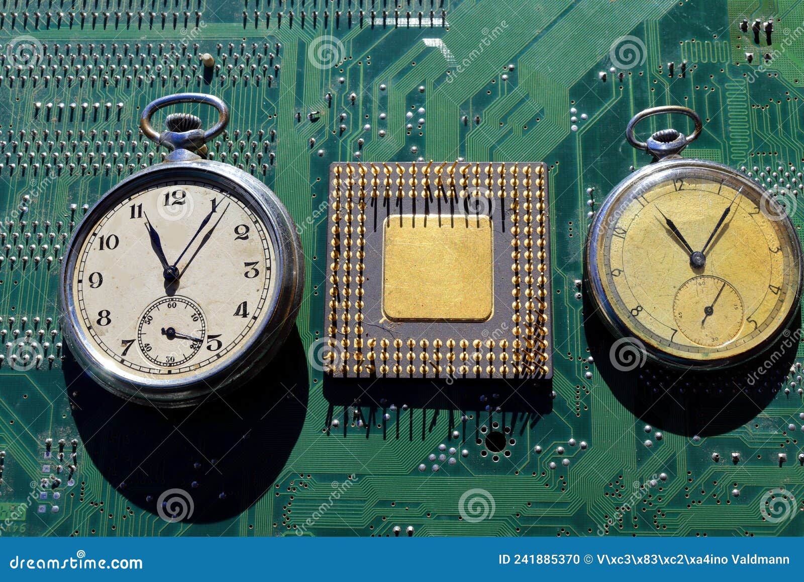 Computer Chip on Circuit Board and Pocket Watch Stock Photo - Image of ...
